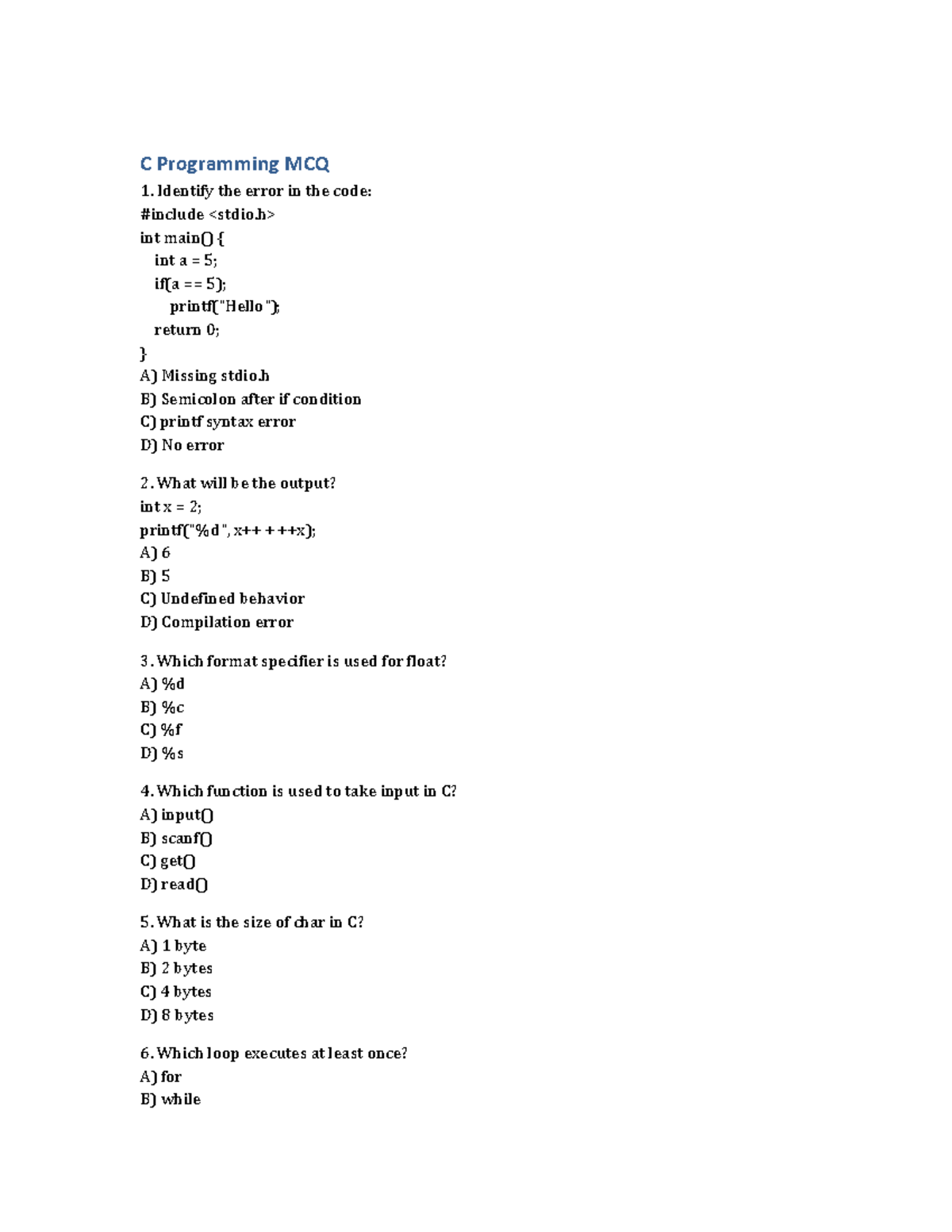 C Programming MCQ 1 - Important Questions and Answers - Studocu