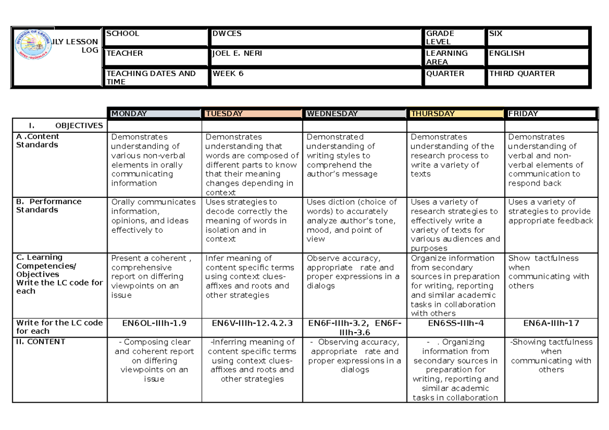 Grade 6 WEEK 6 DLL - Document of the Students - DAILY LESSON LOG SCHOOL ...