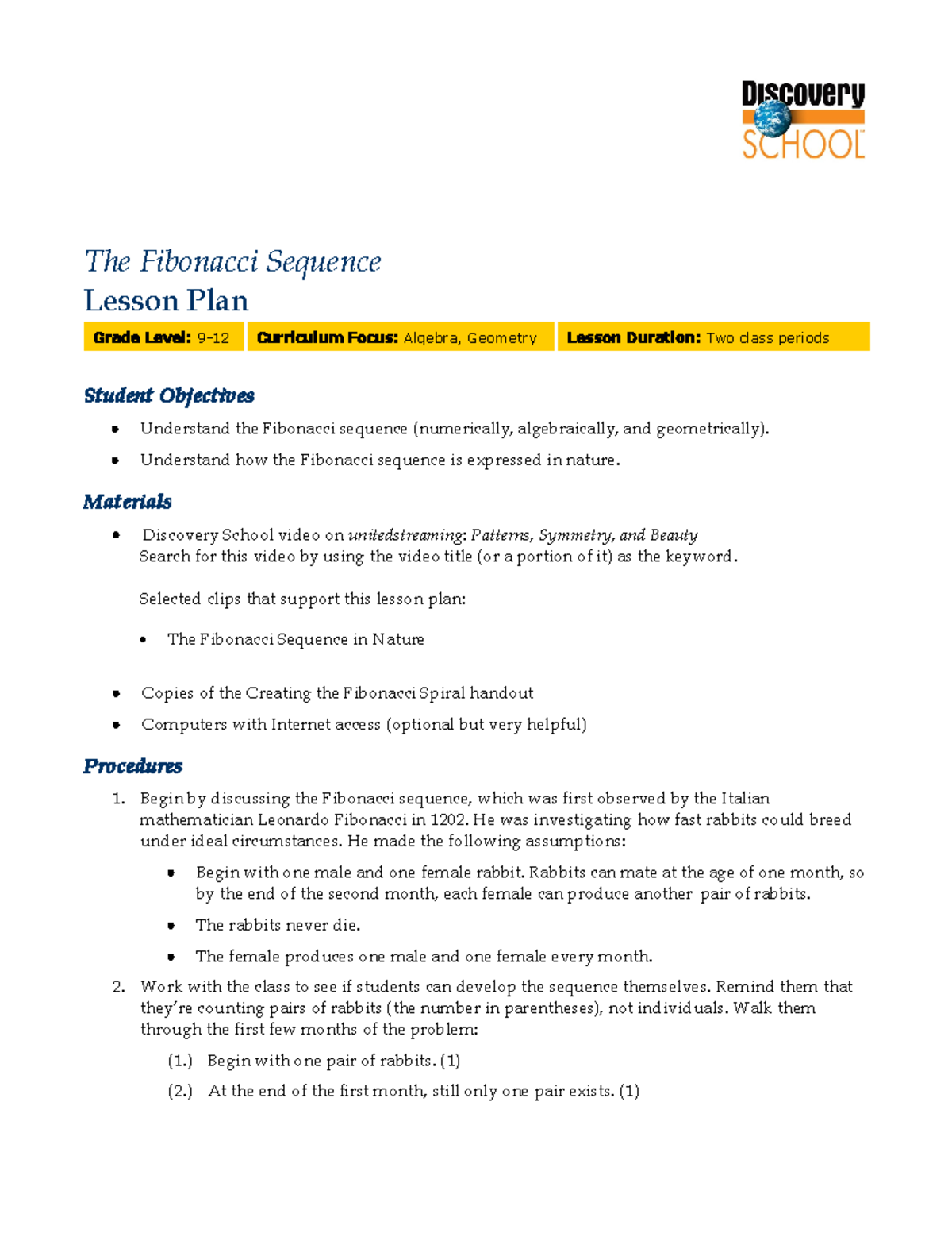 9-12 Math Fibonacci Sequence - Lesson Plan Student Objectives ...