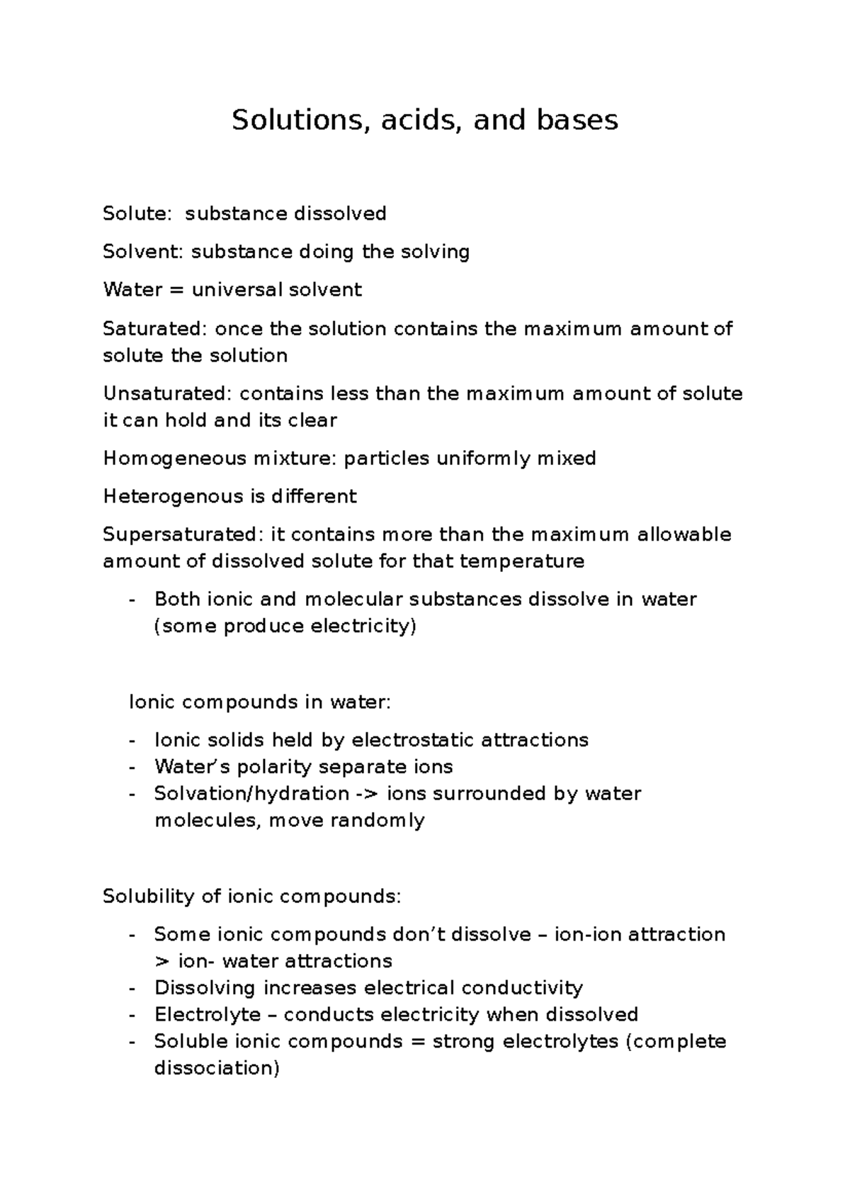 Solutions, Acids & Bases: Key Concepts and Definitions - Studocu
