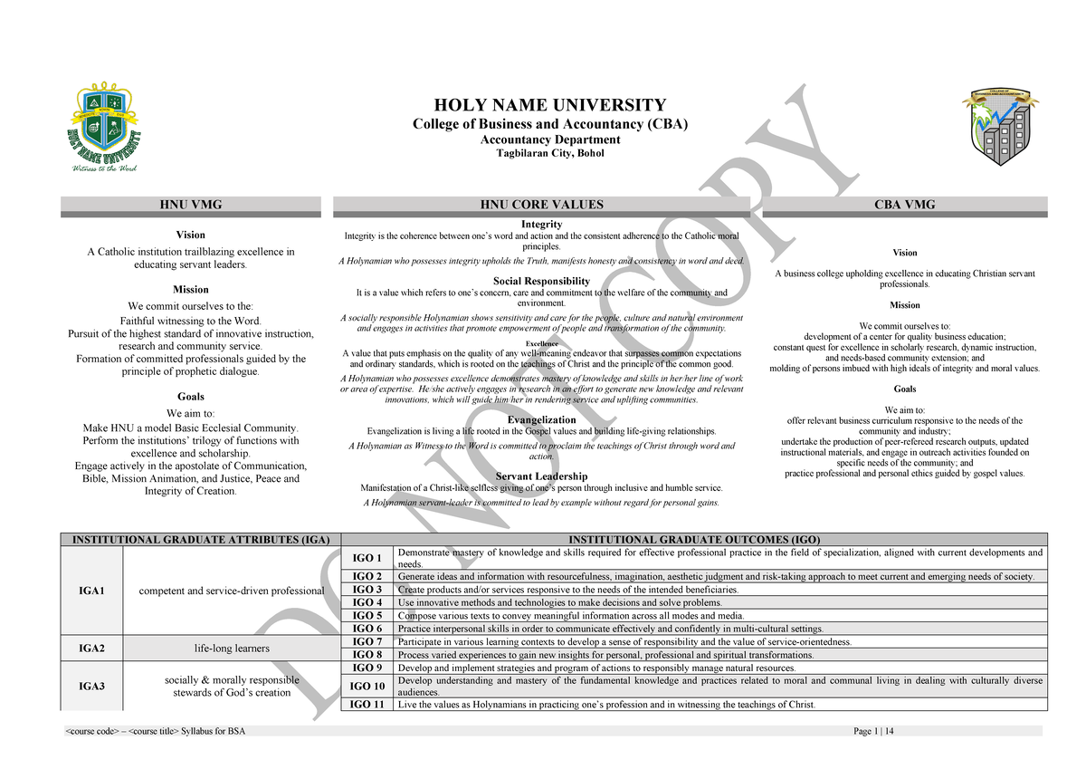Course Syllabus Overview for ACC109: Taxation Principles and Practices ...