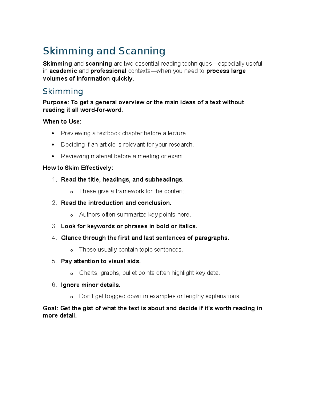 Skimming and Scanning Techniques for Effective Reading - Studocu