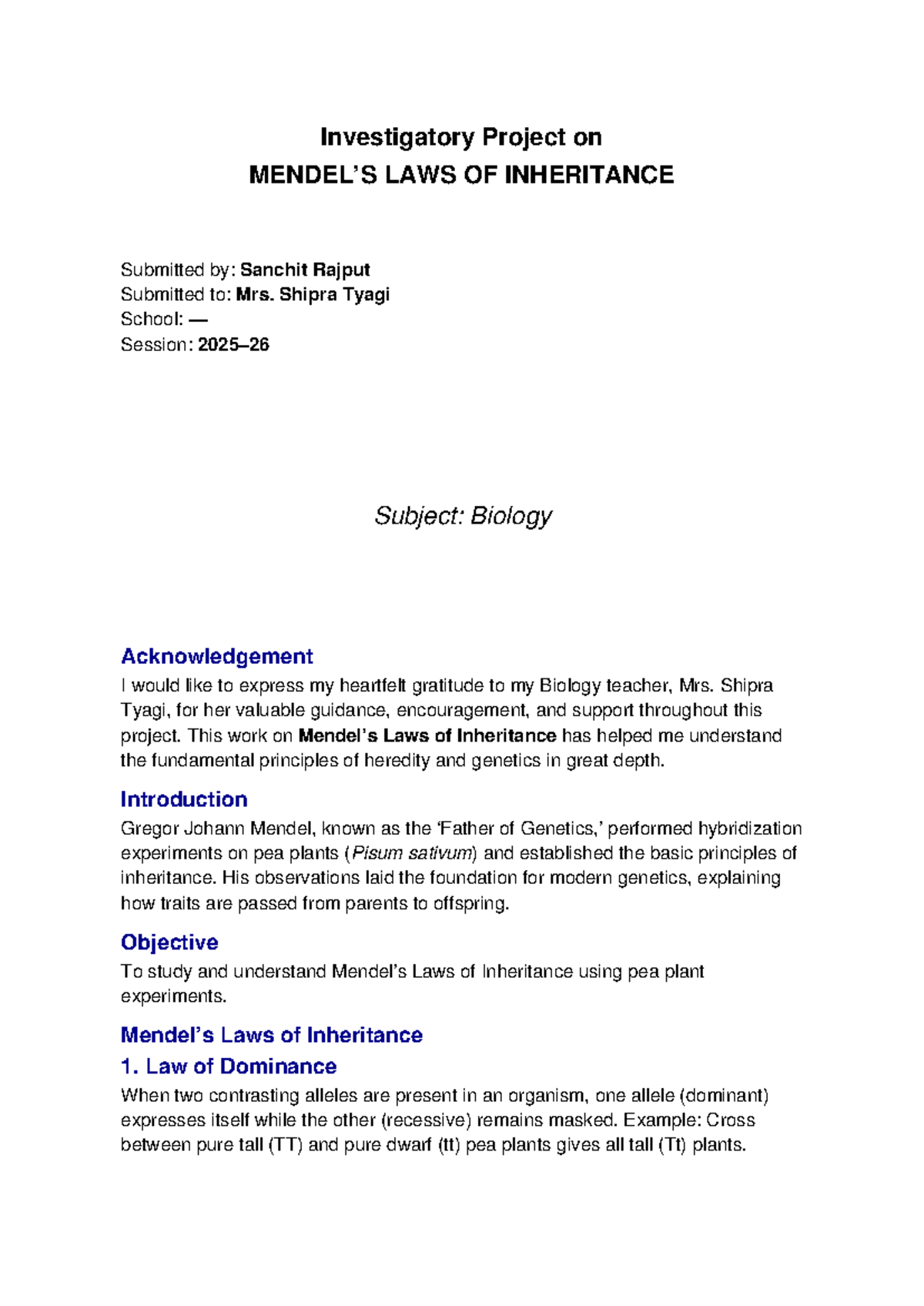 Biology Project: Mendel's Laws of Inheritance (BIOL 101) - Studocu