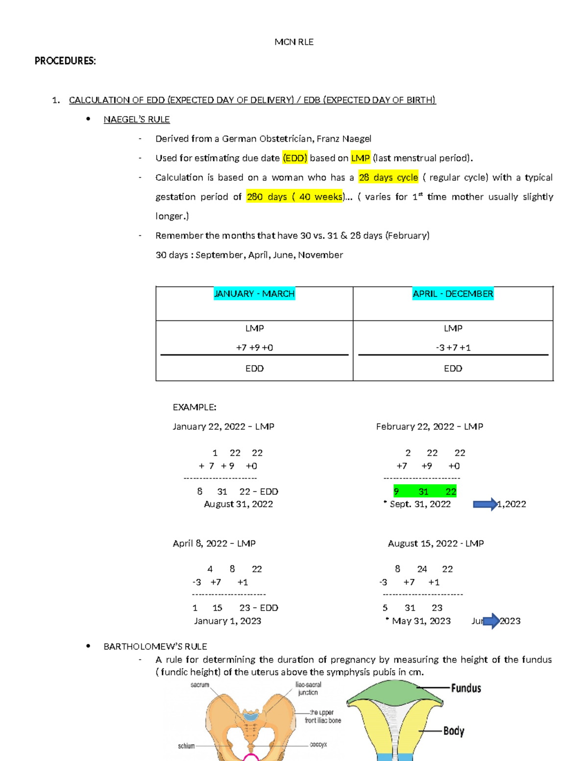 MCN-RLE-1 - MCN RLE - OBSTETRICS - MCN RLE PROCEDURES: 1. CALCULATION OF EDD (EXPECTED DAY OF ...