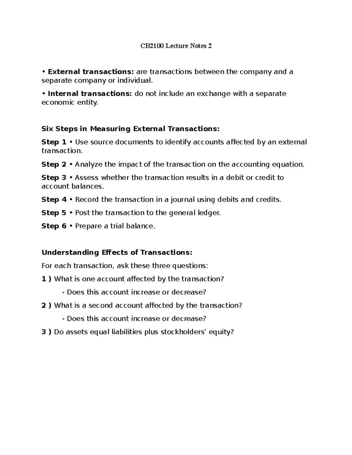 CB2100 Lecture 2: Understanding External & Internal Transactions - Studocu
