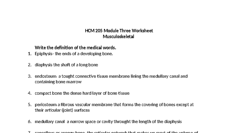 HCM 205 Module 3 Worksheet: Musculoskeletal Medical Terminology ...