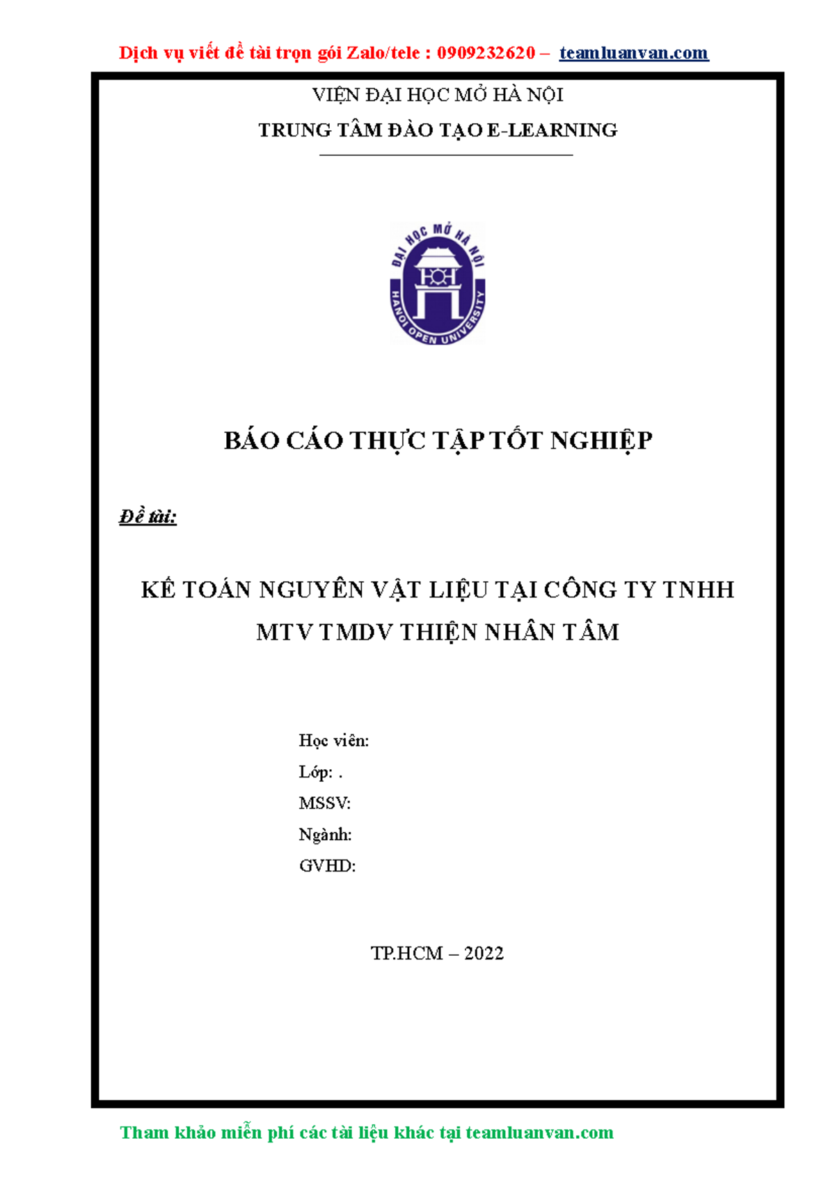 Kế Toán Nguyên Vật Liệu Tại Công Ty Tnhh Mtv Tmdv Thiện Nhân Tâm - Dịch ...