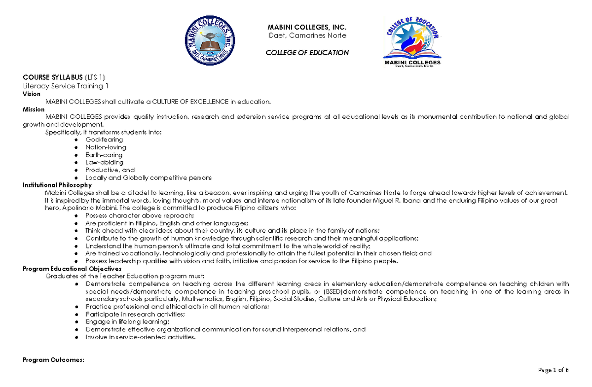 LTS 1 Course Syllabus: Literacy Service Training for Excellence - Studocu
