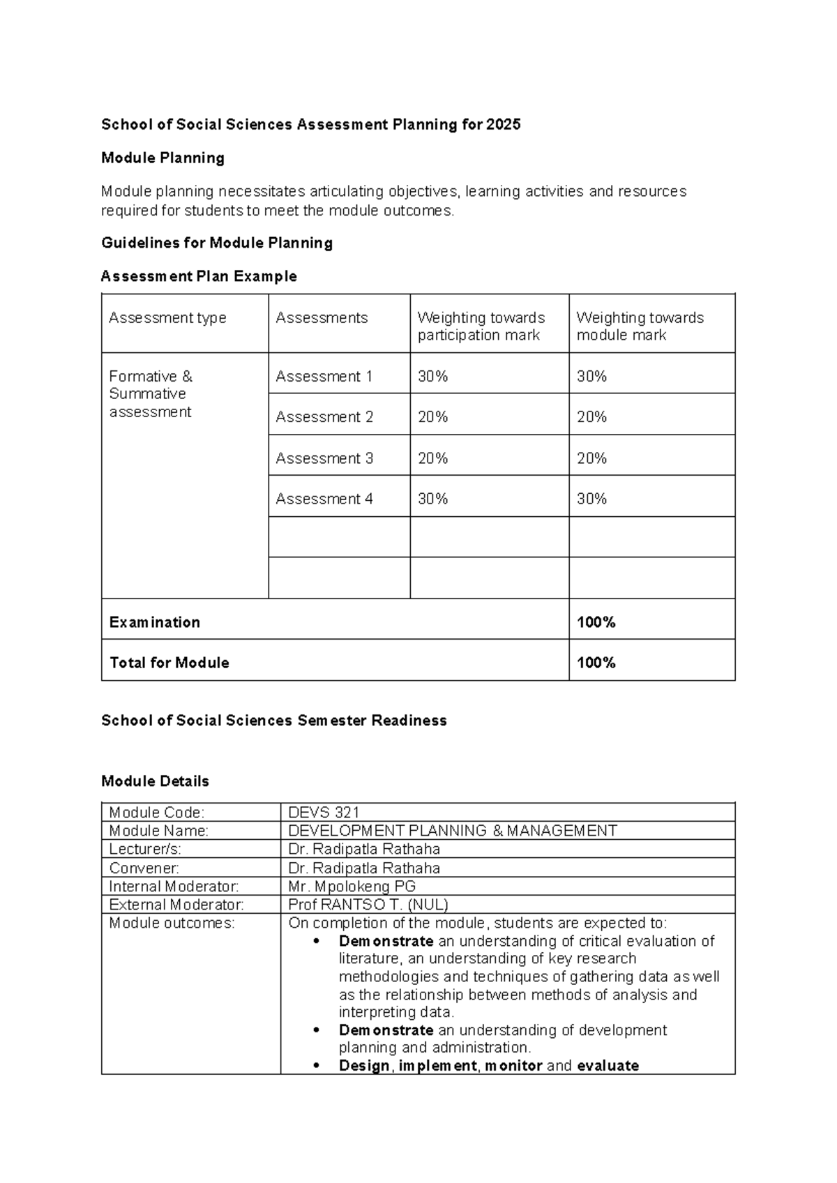 DEVS 321 Development Planning Management Assessment Plan 2025 - Studocu