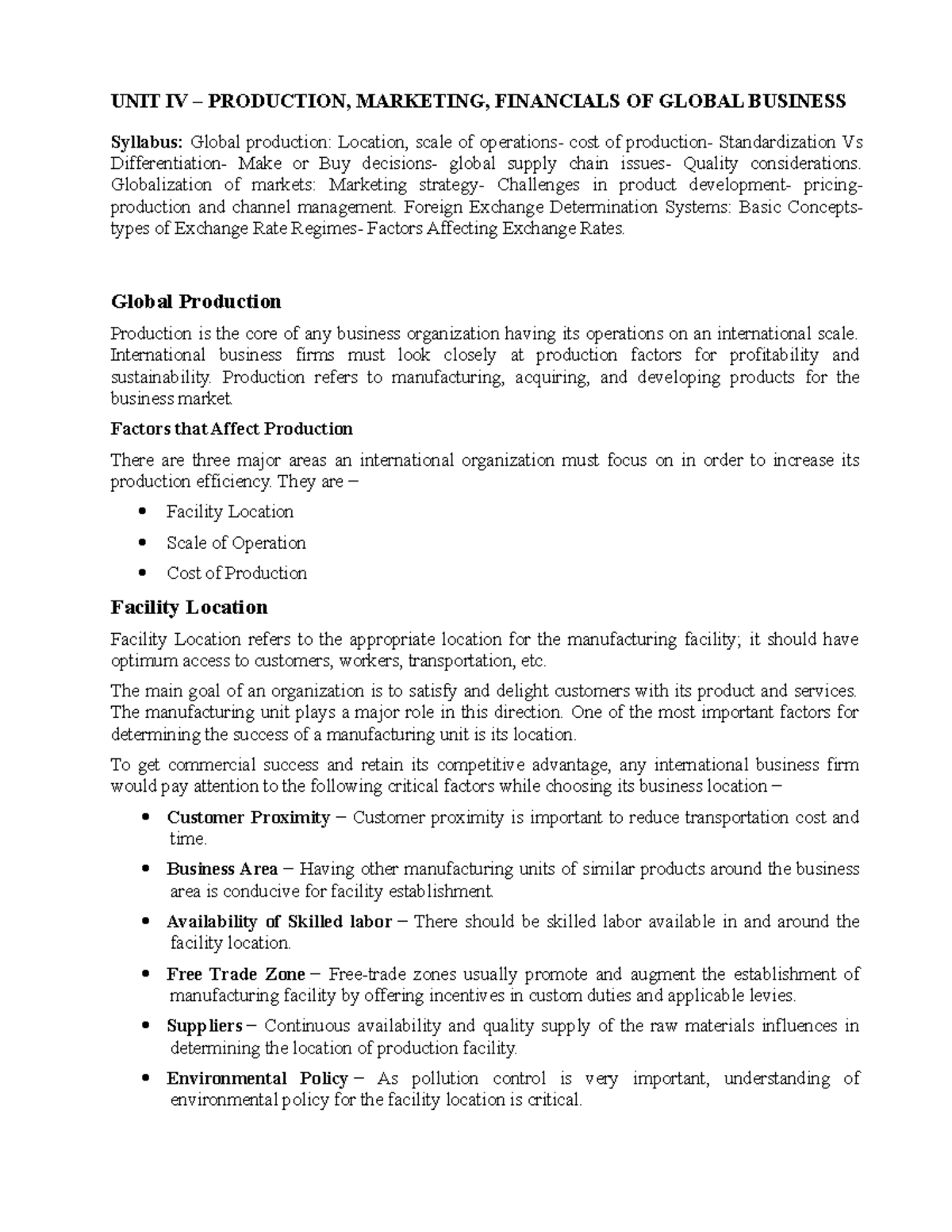 Unit 4 notes - international - UNIT IV – PRODUCTION, MARKETING ...