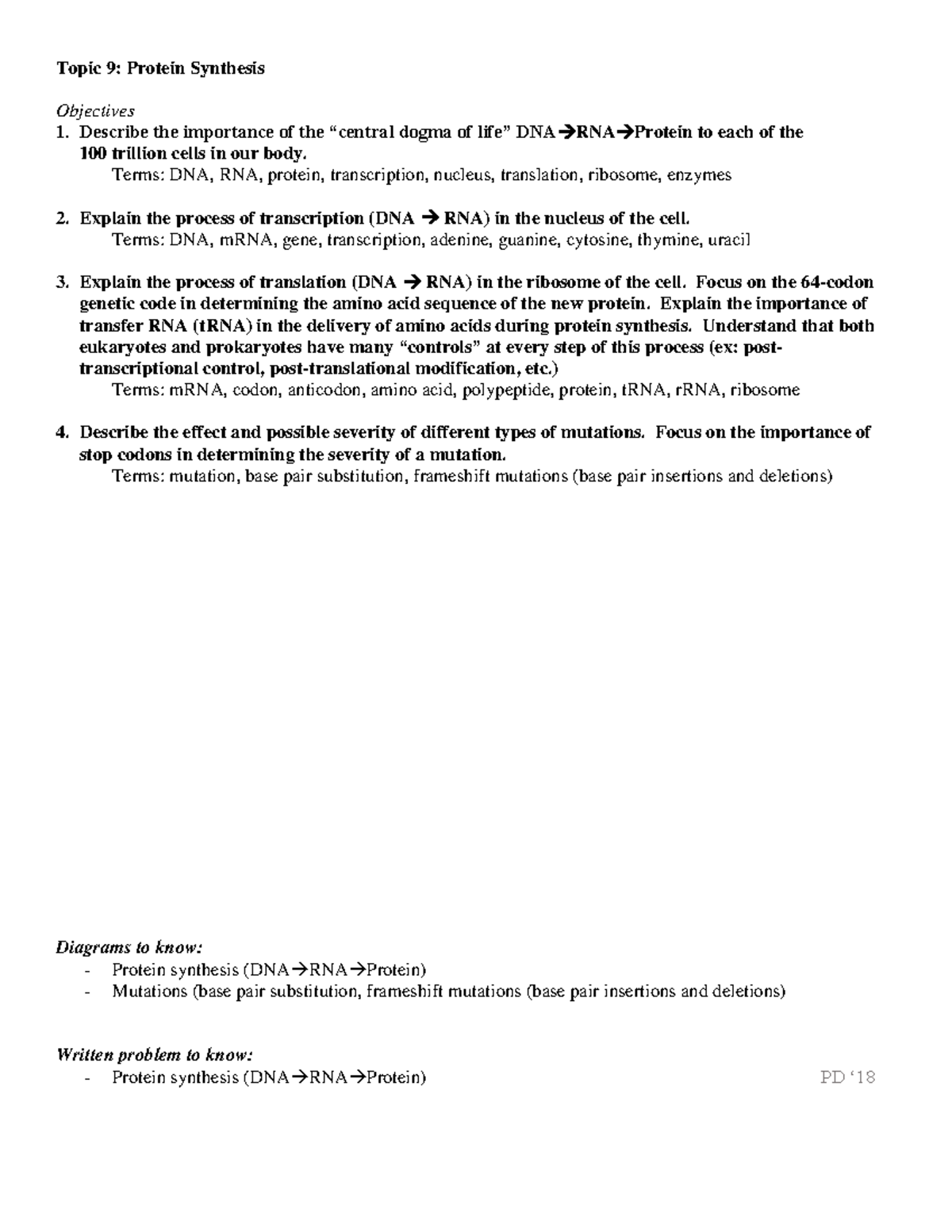 Bio Topic 9: Protein Synthesis Overview and Key Concepts - Studocu