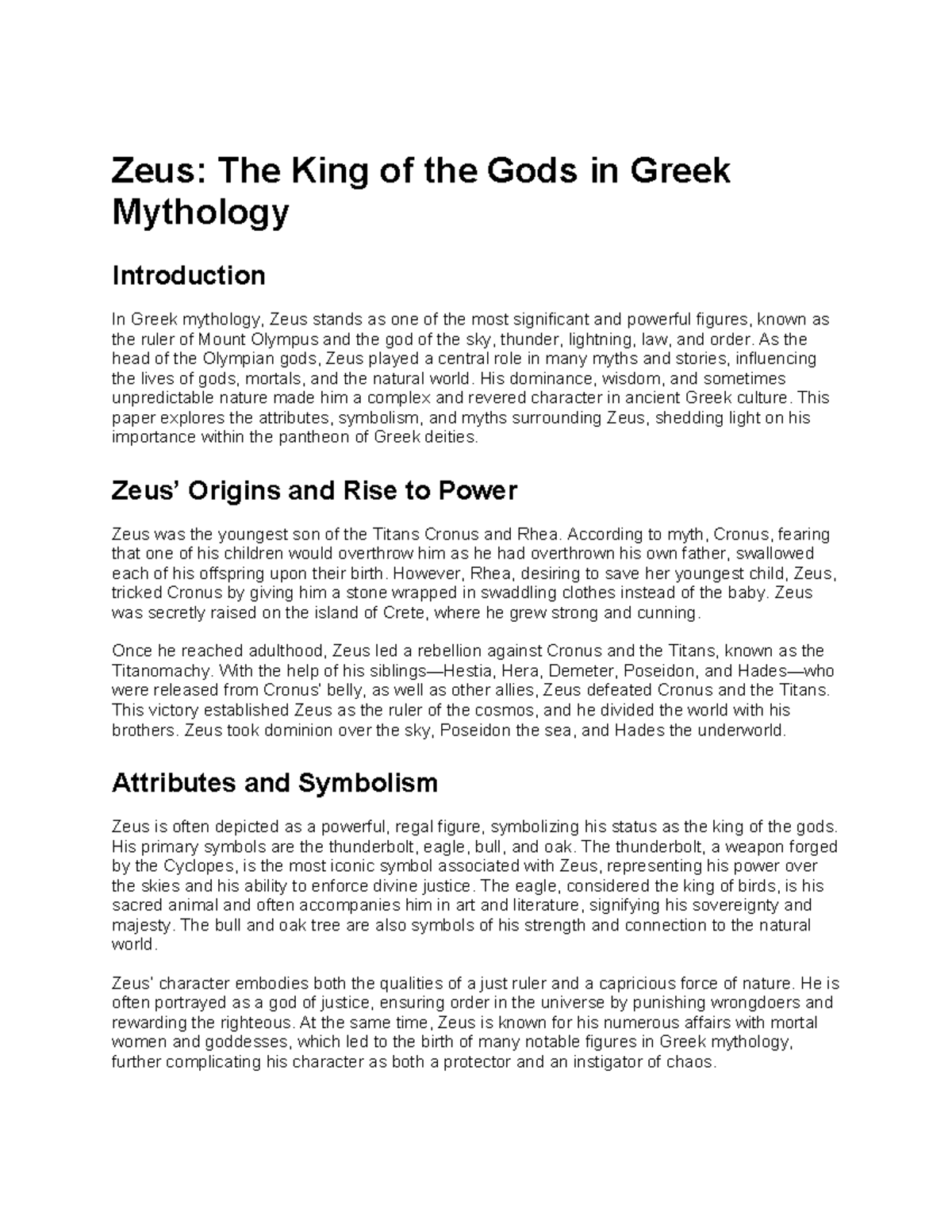 Greek Mythology - Essay on Zeus: The Ruler of Olympus - Studocu