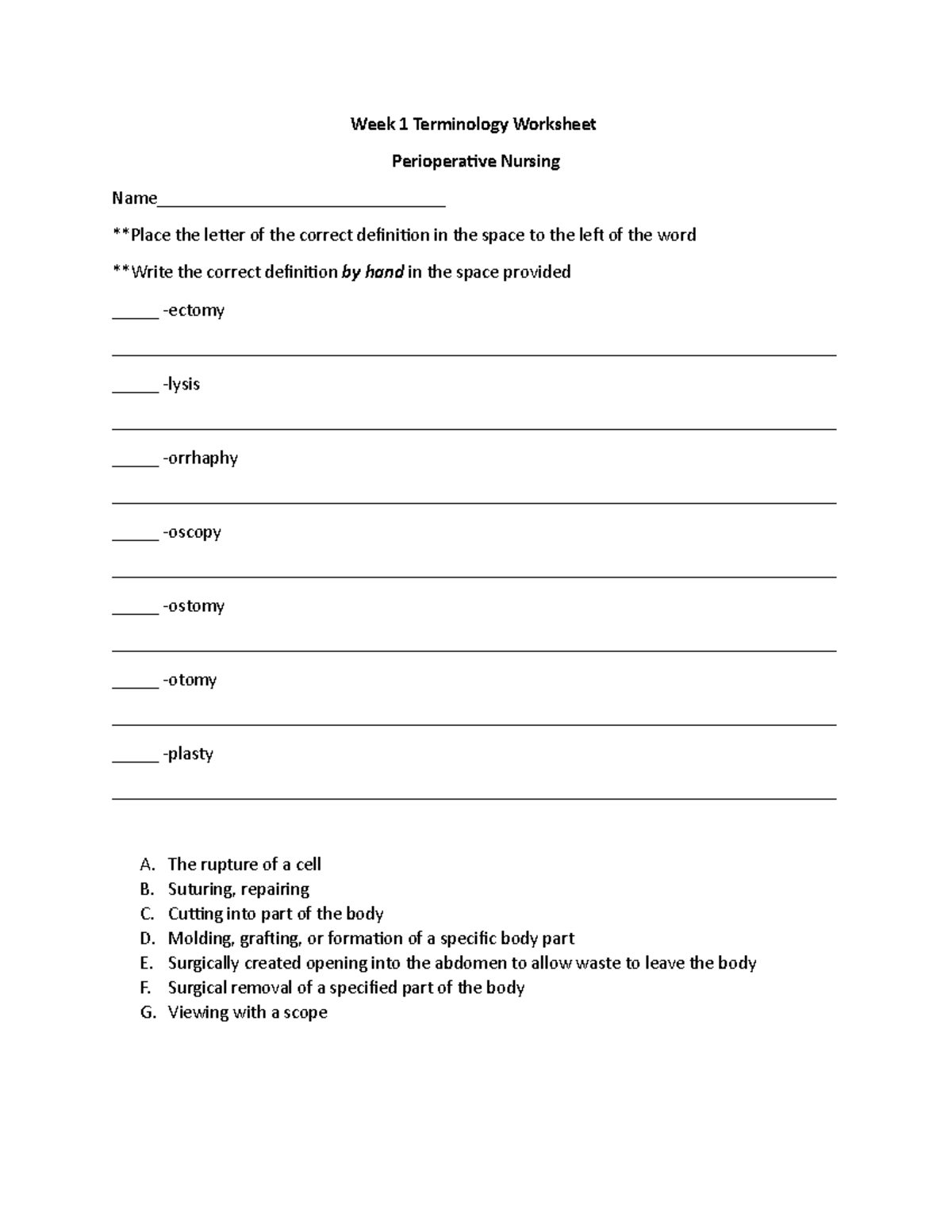 Week 1 Perioperative Nursing Terminology Worksheet - Studocu