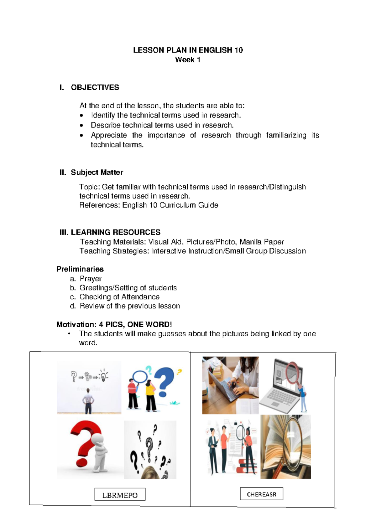 Technical Terms Lesson Plan for English 10: Week 1 - Studocu