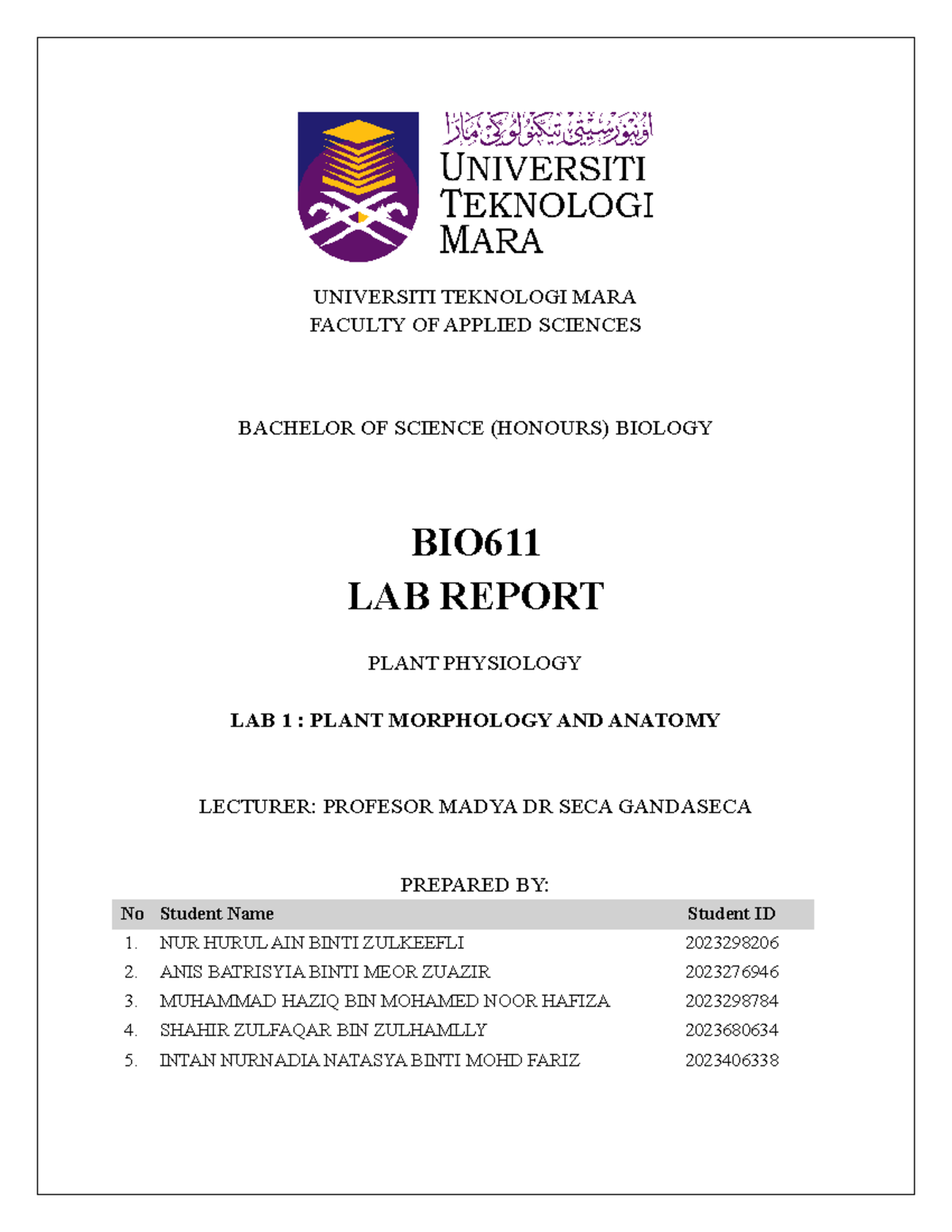 BIO611 Lab Report 1: Plant Morphology & Anatomy Analysis - Studocu