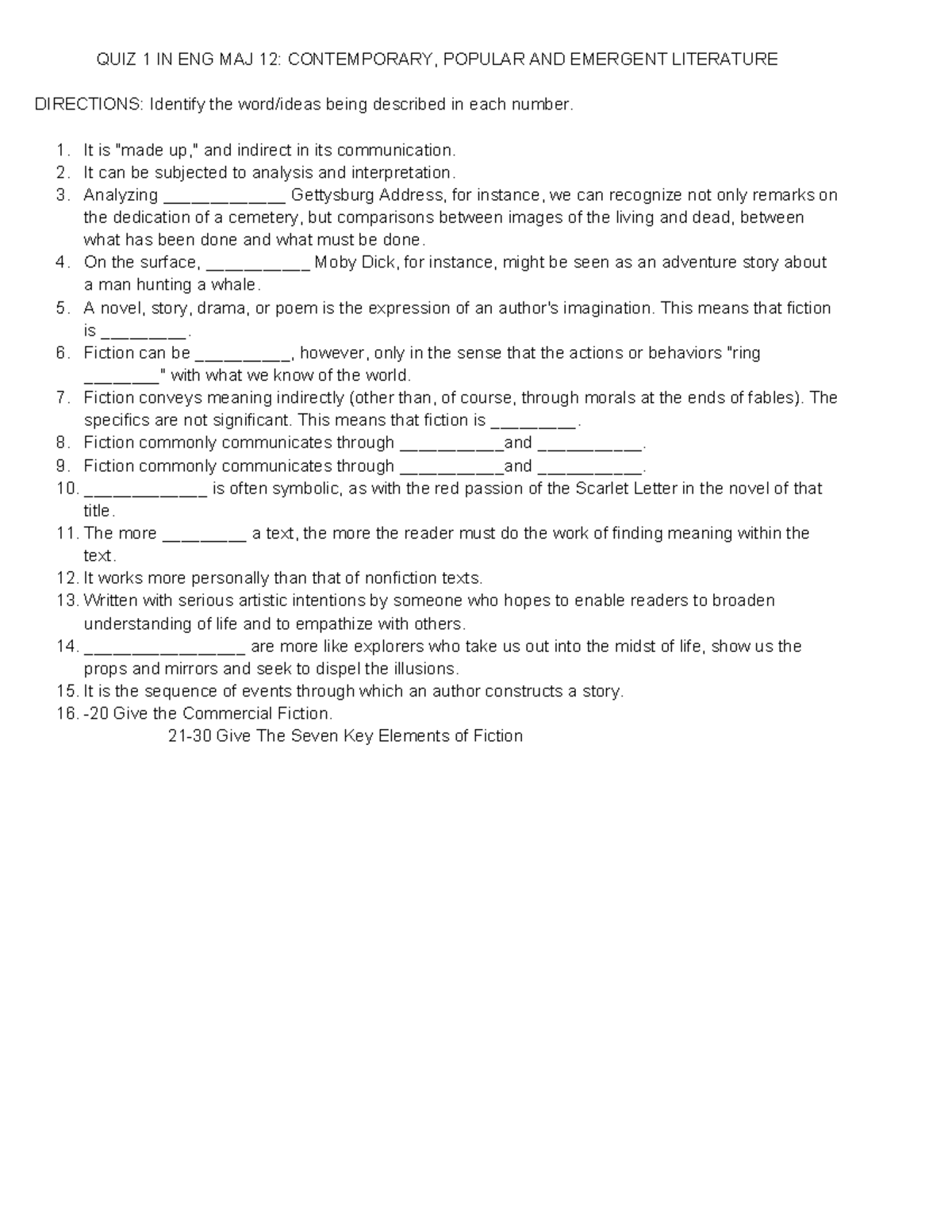 ENG MAJ 12: QUIZ 1 - Identifying Elements of Contemporary Literature ...