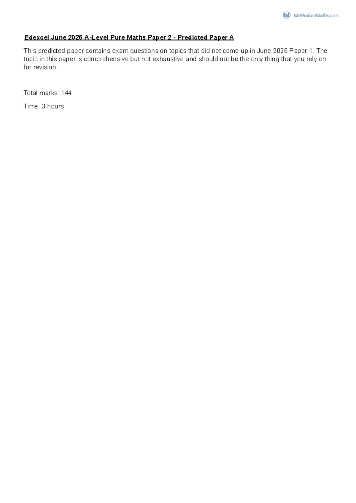 Edexcel June 2026 A-Level Pure Maths Paper 2 - Predicted Questions ...