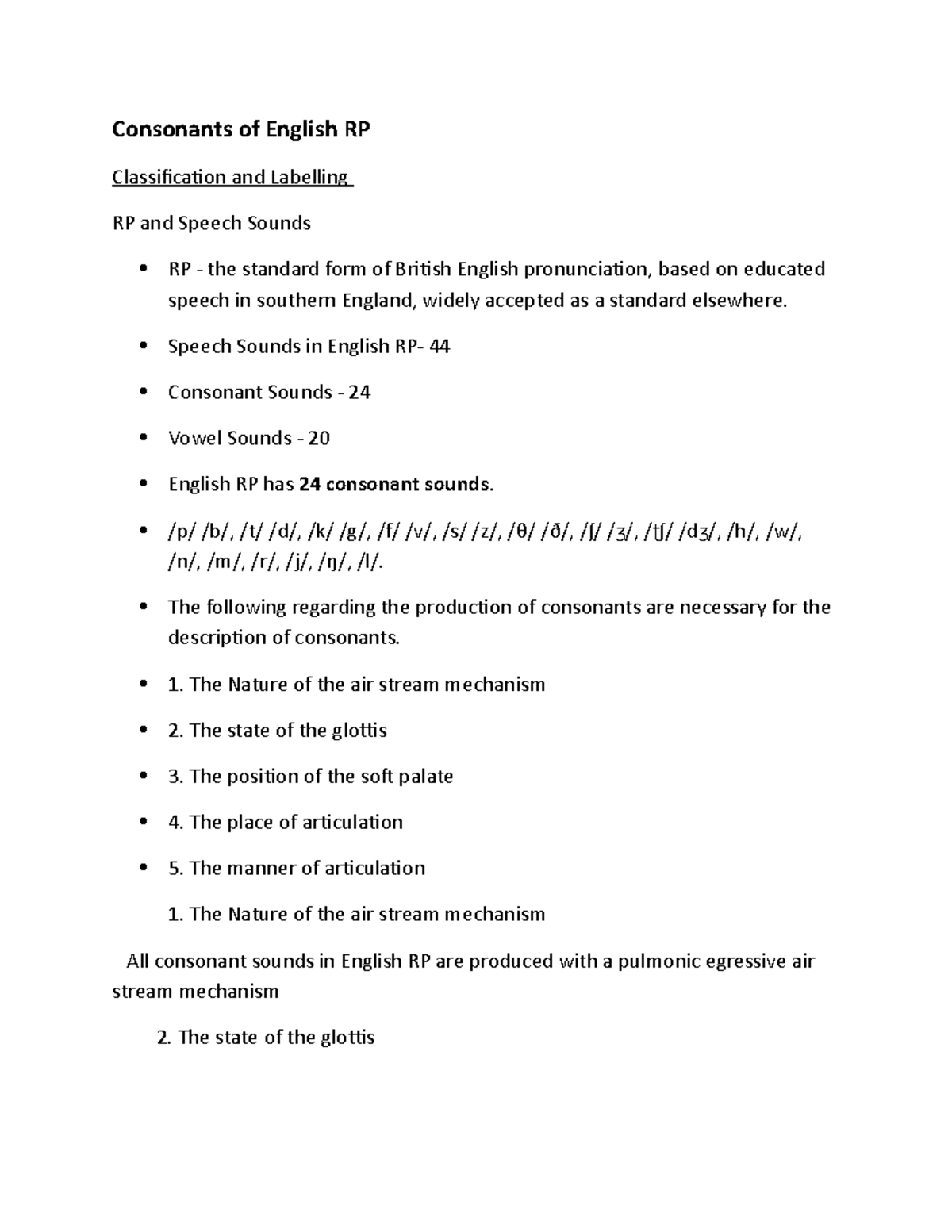 Consonants of English RP - Consonants of English RP Classification and ...
