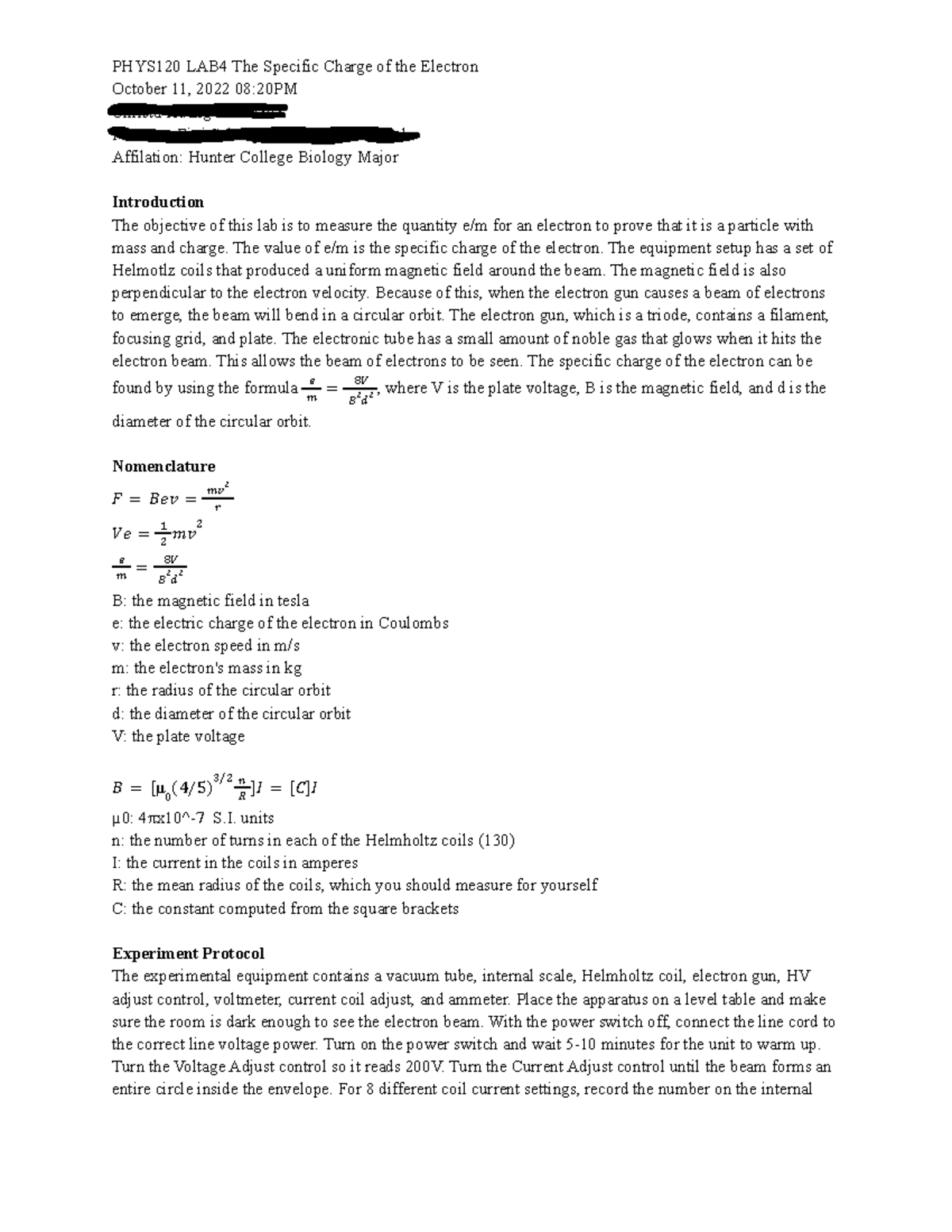 The Specific Charge of the Electron - PHYS120 LAB4 The Specific Charge of the Electron October ...