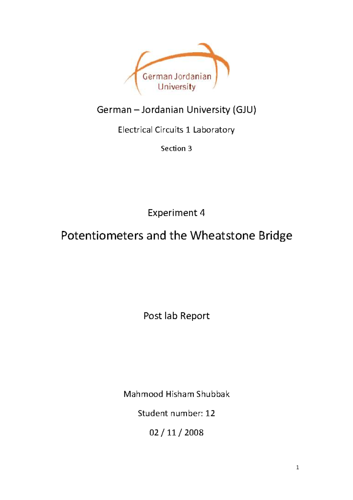 GJU Electrical Circuits 1 Lab 4: Potentiometers & Wheatstone Bridge ...