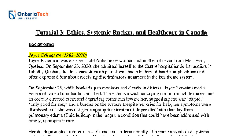 Tutorial 3: Ethics & Systemic Racism in Canadian Healthcare - Studocu