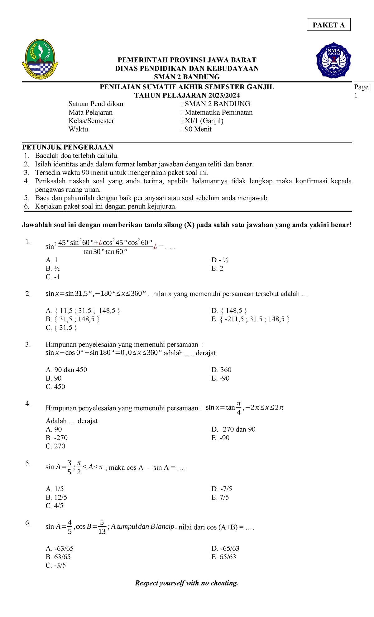 Soal Penilaian Akhir Semester Ganjil Matematika Peminatan XI 2023 Paket A - Studocu
