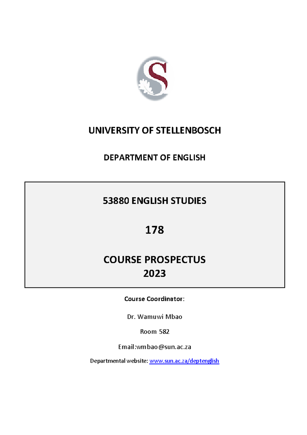 ENG 178 English Studies Course Prospectus 2023: Key Information ...