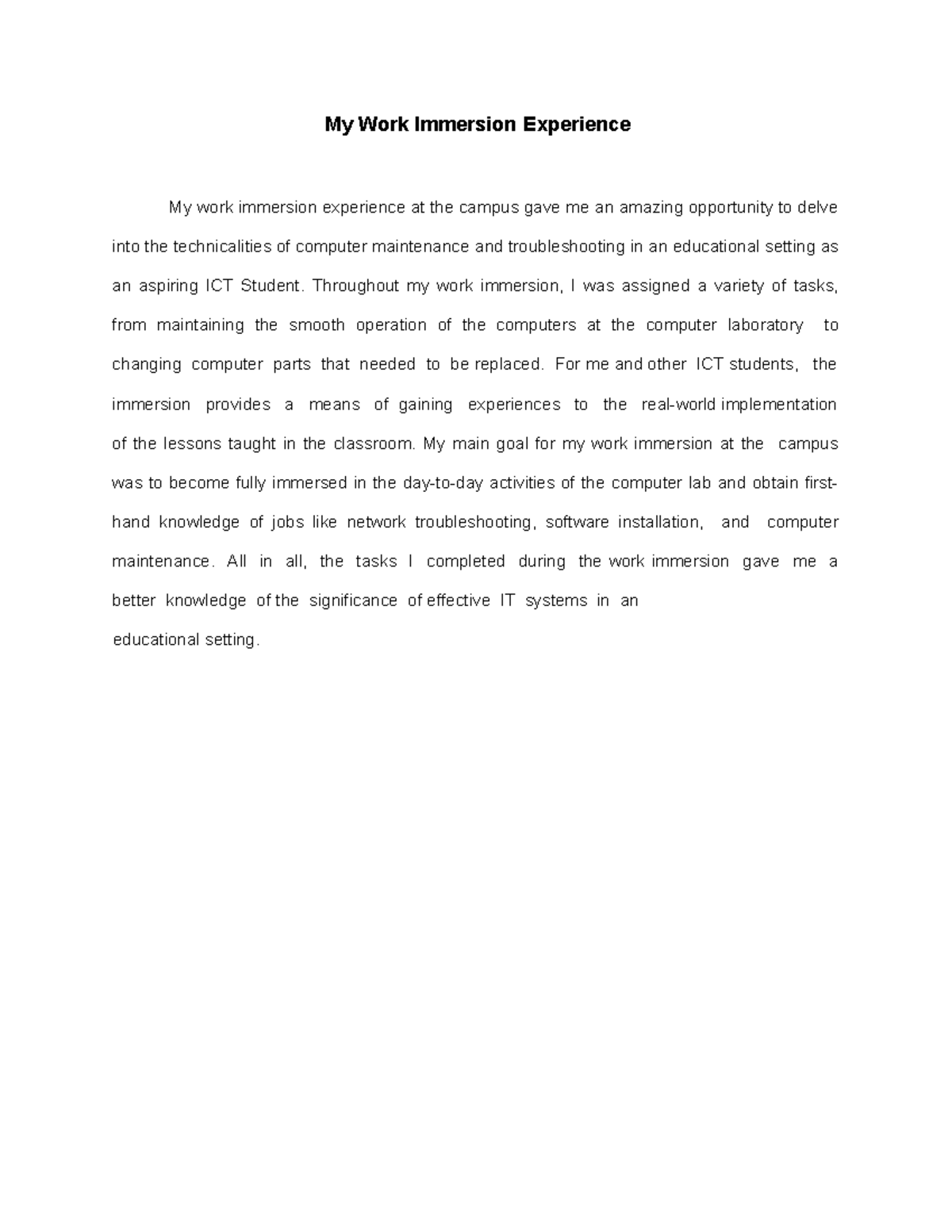 Reflection Essay on Work Immersion Experience in ICT - Studocu