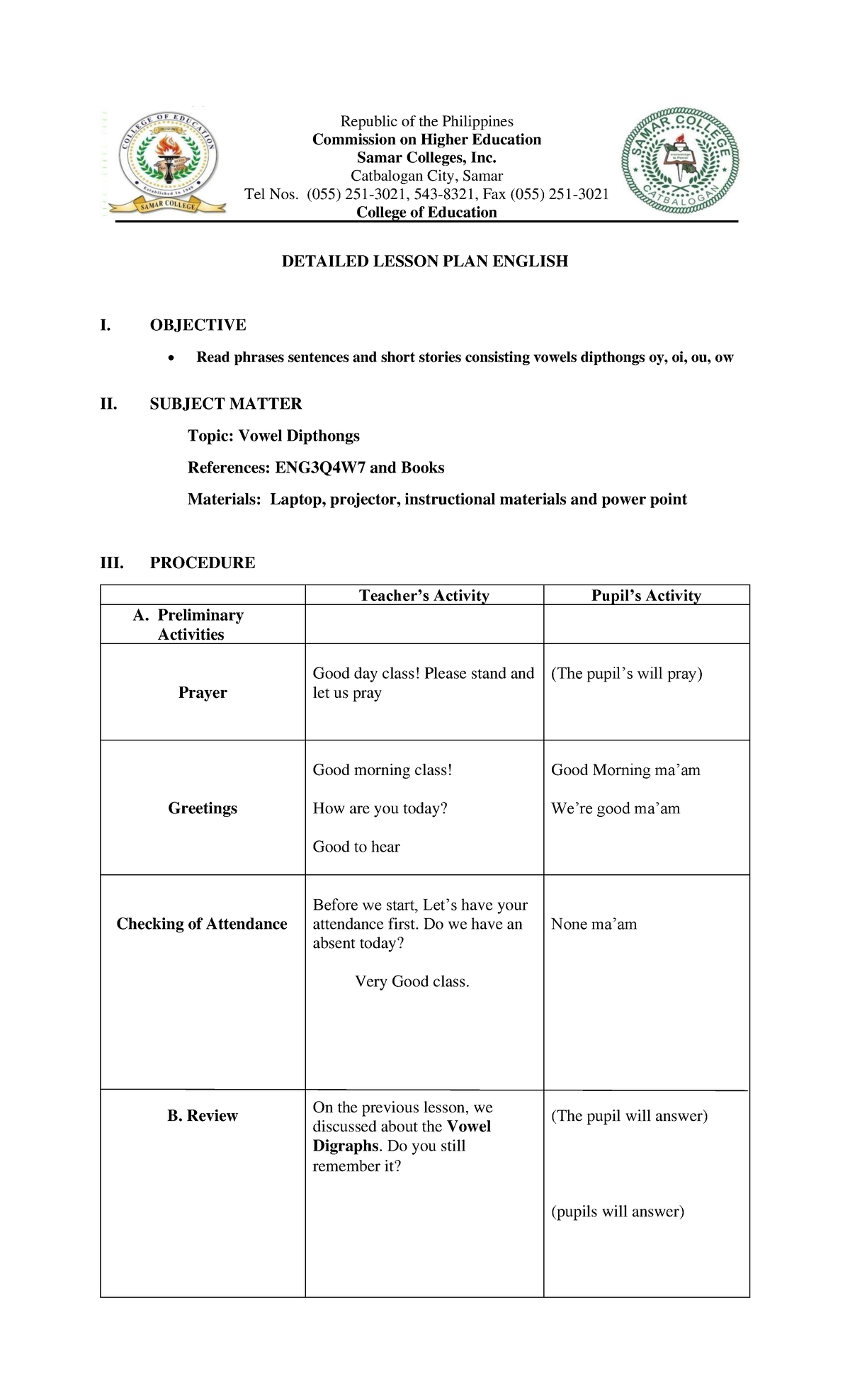 Detailed Lesson Plan on Vowel Diphthongs for English I (ENG3Q4W7) - Studocu