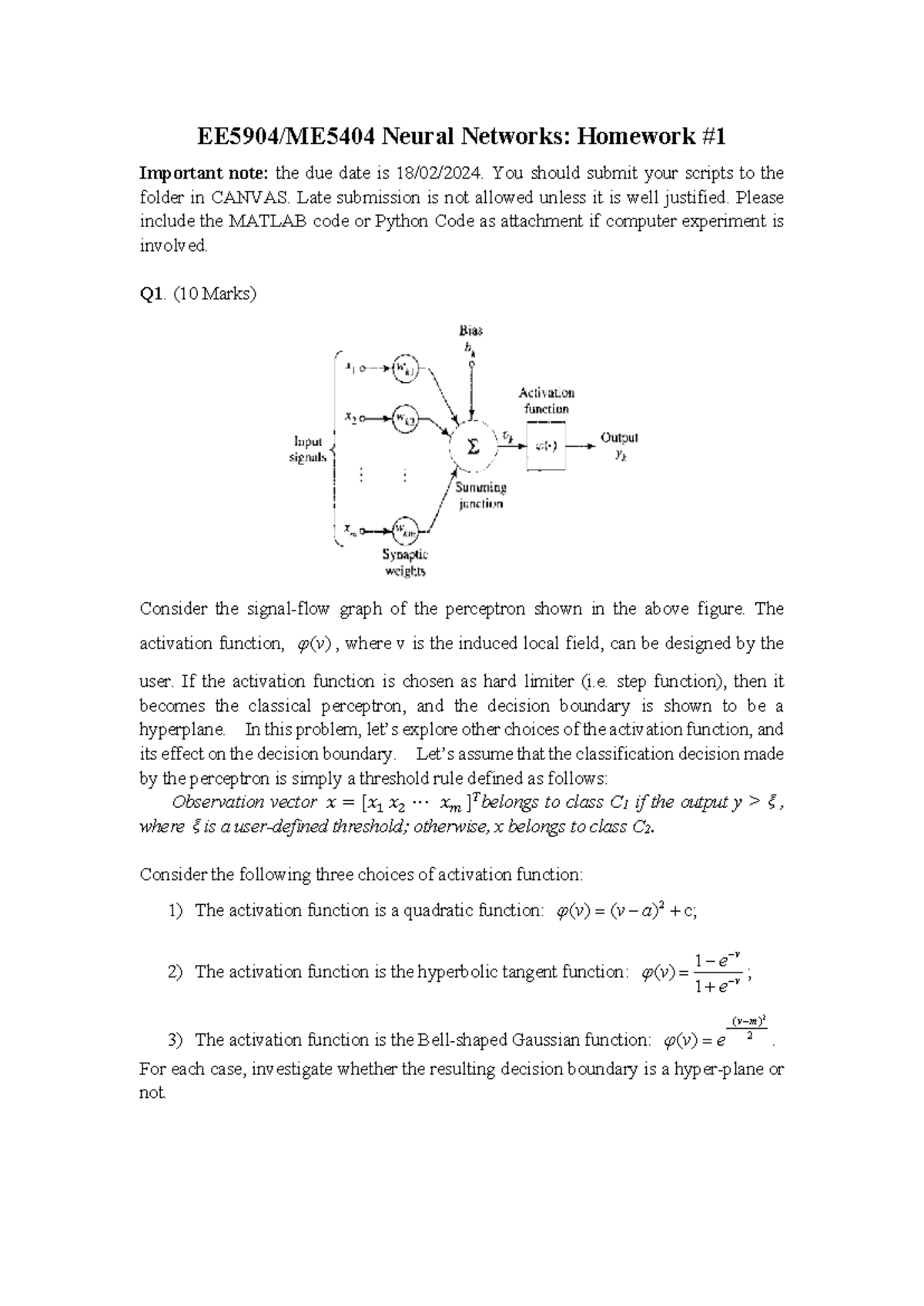 EE5904/ME5404 Neural Networks: Homework #1 Due 18/02/2024 - Studocu