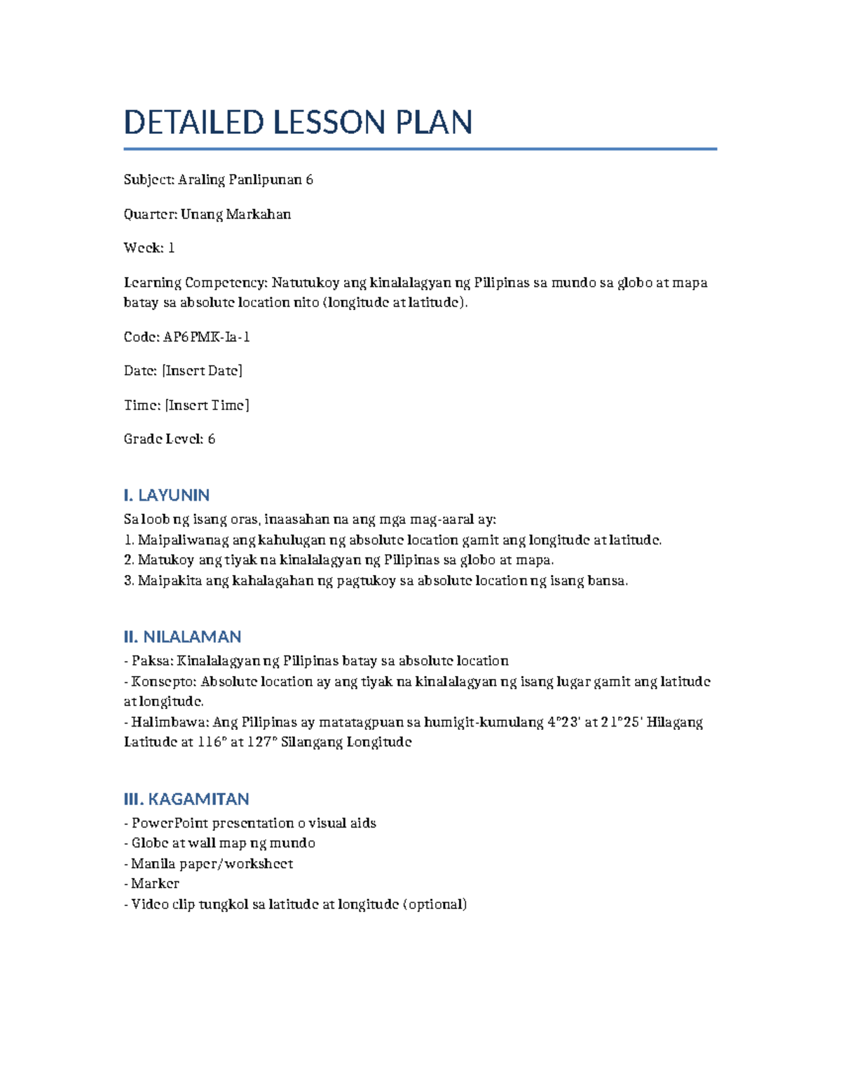 Lesson Plan: Kinalalagyan ng Pilipinas sa Mapa (Araling Panlipunan 6 ...