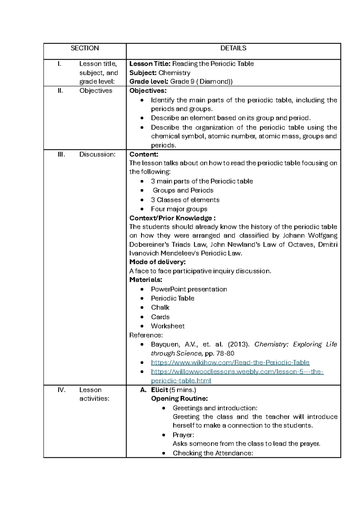 Lesson Plan: reading periodic table - SECTION DETAILS I. Lesson title ...