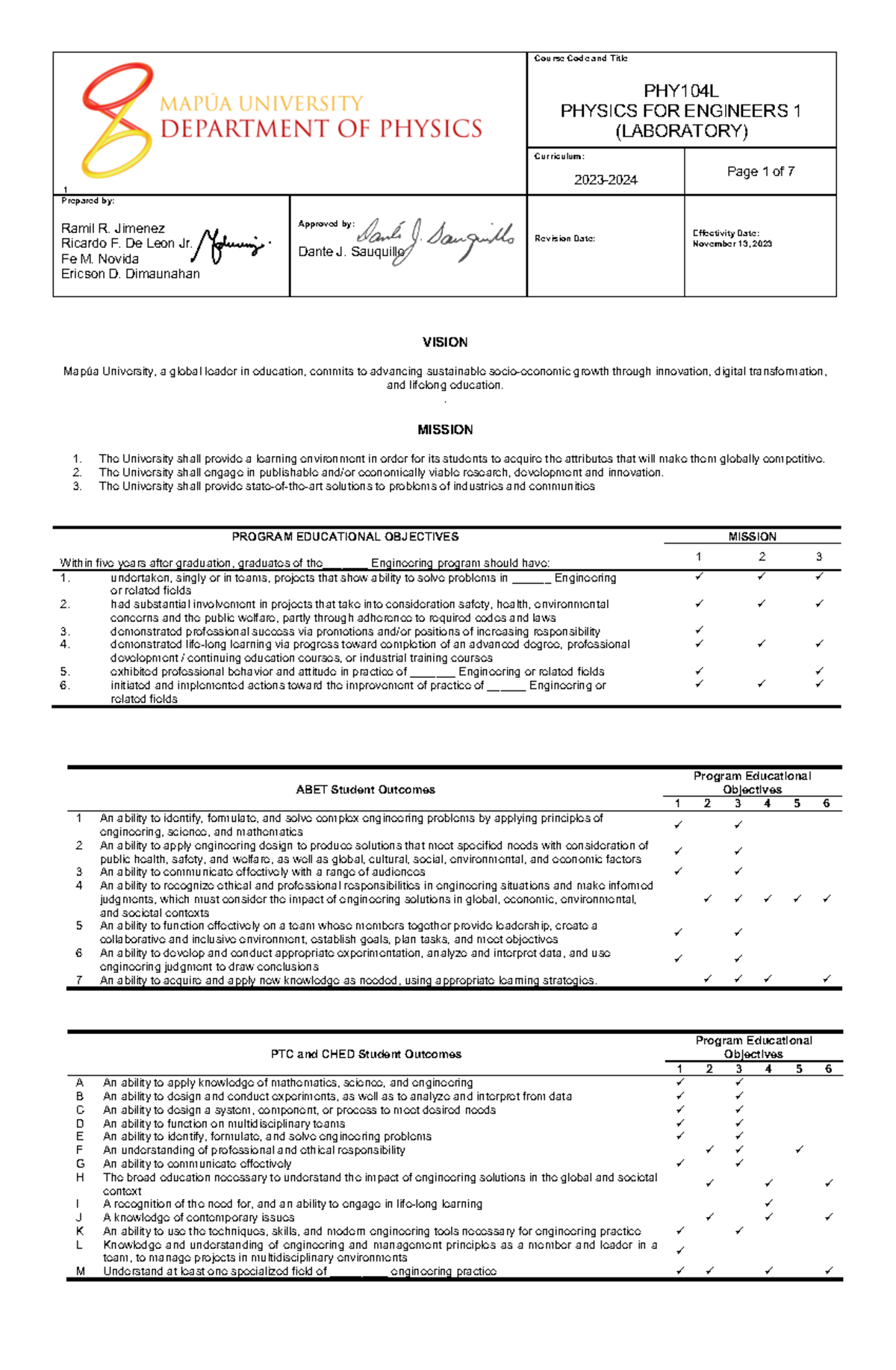 PHY104L Laboratory Course Syllabus for Physics for Engineers 1 - Studocu