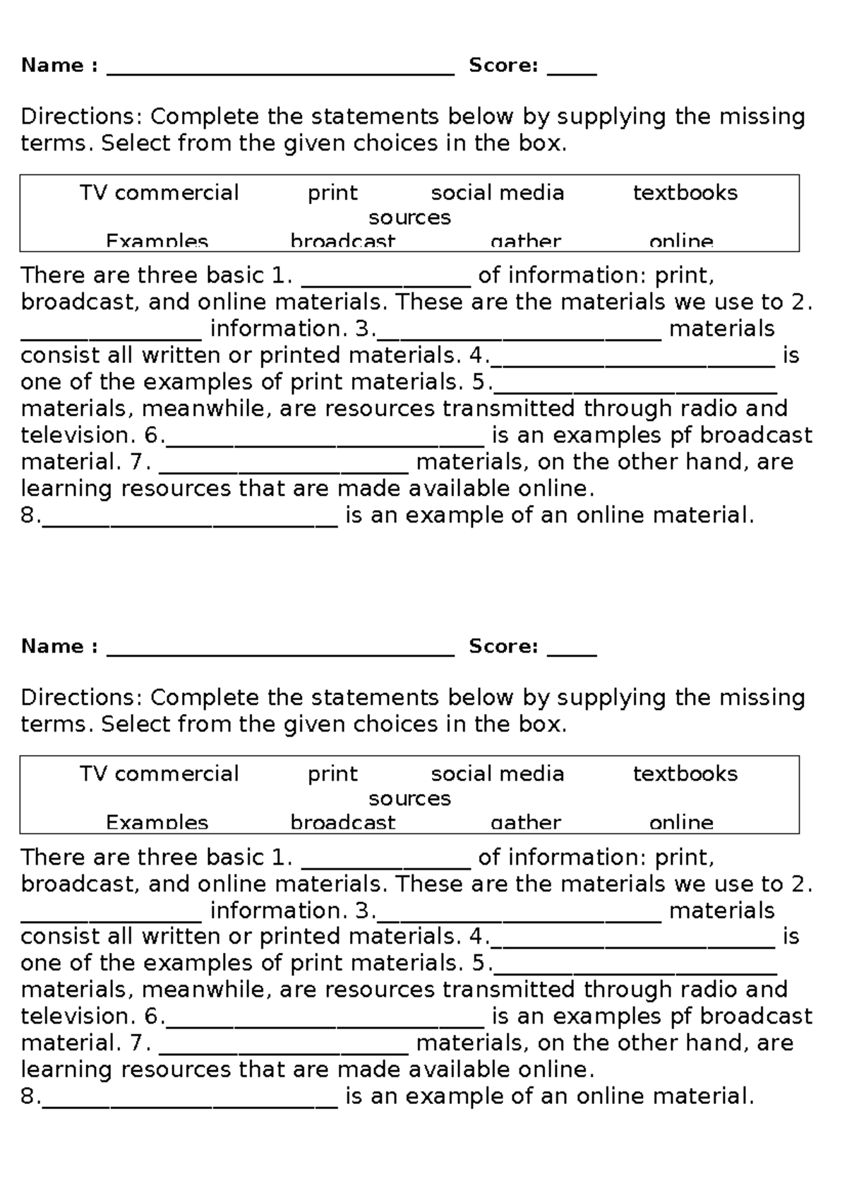 Assessment: Types of Information Materials and Their Examples - Studocu