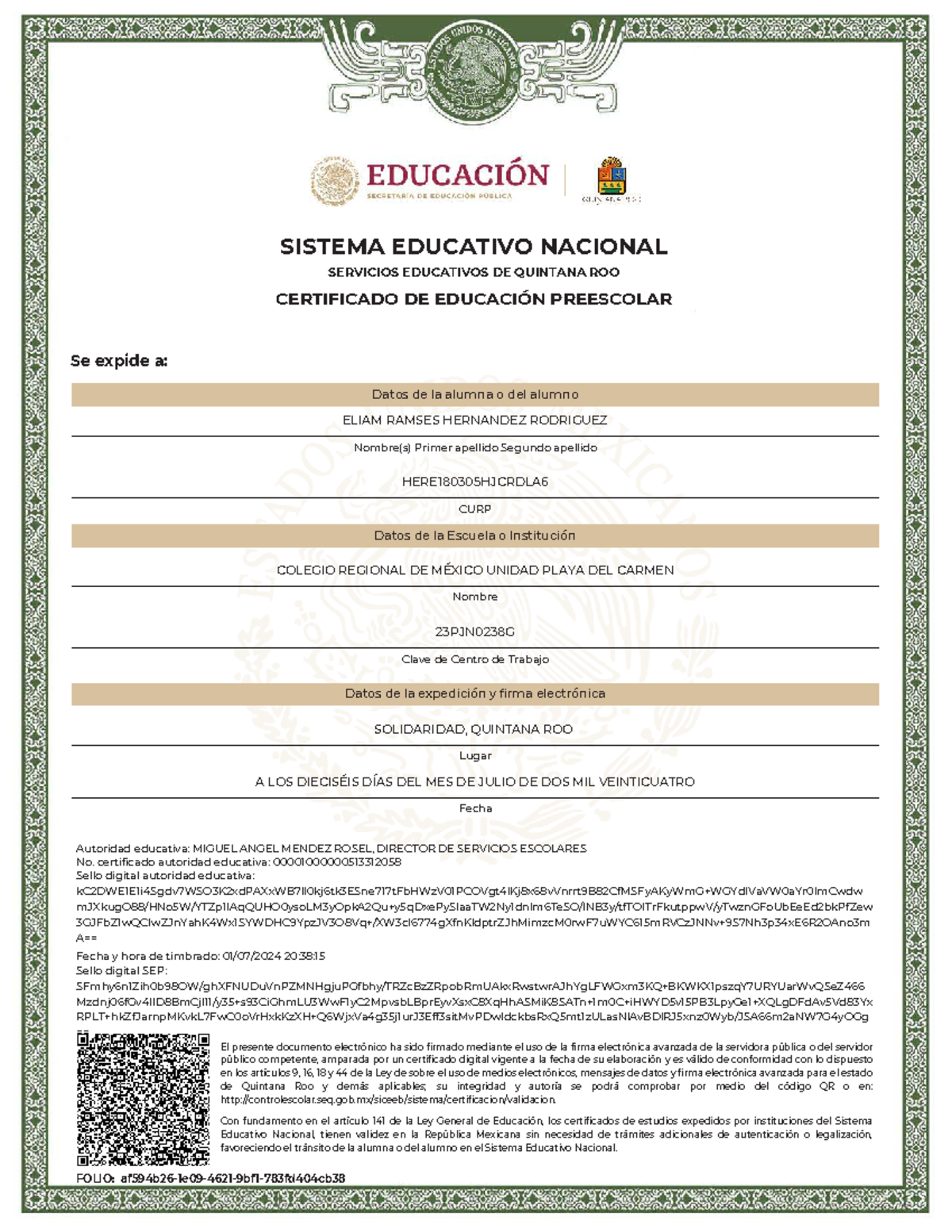 Certificado de educación preescolar - ELIAM RAMSES HERNANDEZ ...