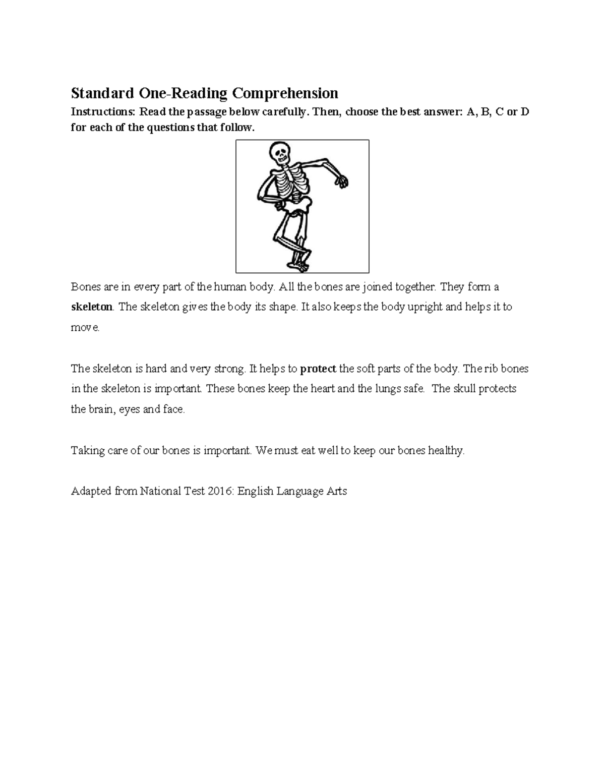 2. Std. 1 Reading Comp. Passage - Skeleton & Bone Health - Studocu