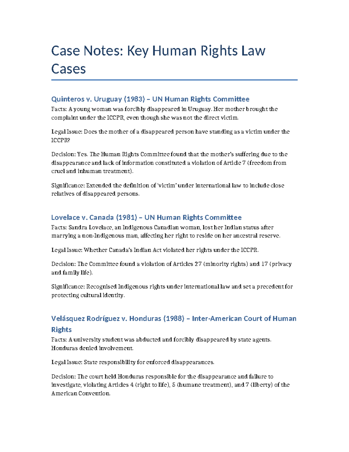 Case Notes: Key Human Rights Law Cases (HR 101) - Studocu