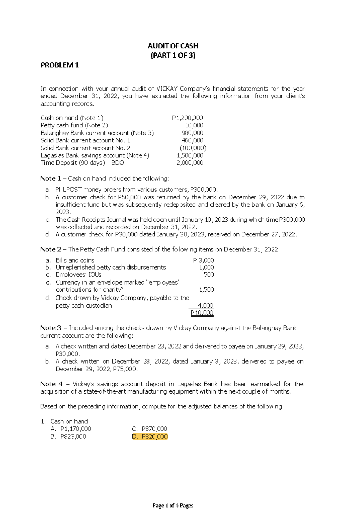 CASH AUDIT REPORT 1-CASH-1: VICKAY Financial Statements Analysis - Studocu