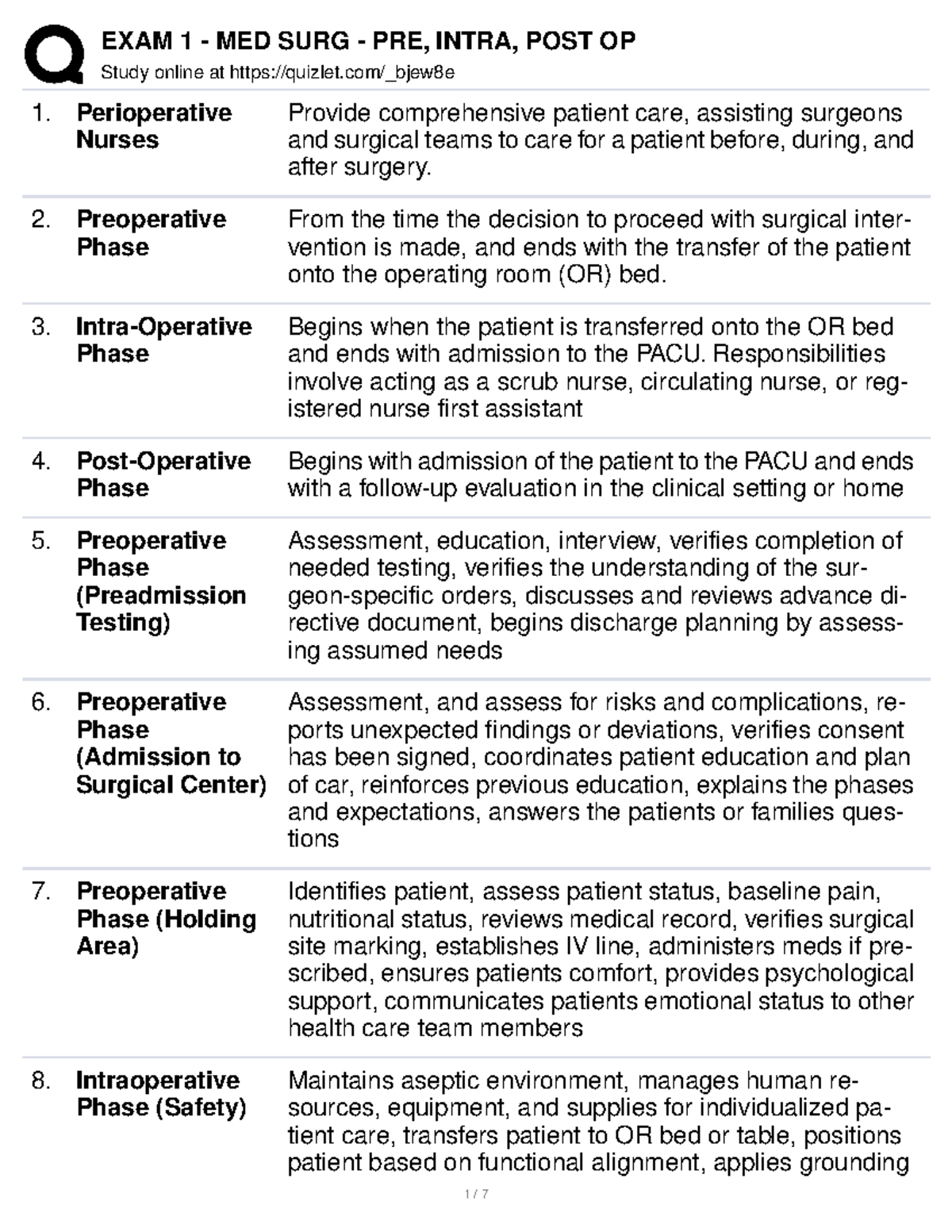 EXAM 1 - MED SURG - PRE, Intra, POST OP - Study online at quizlet ...