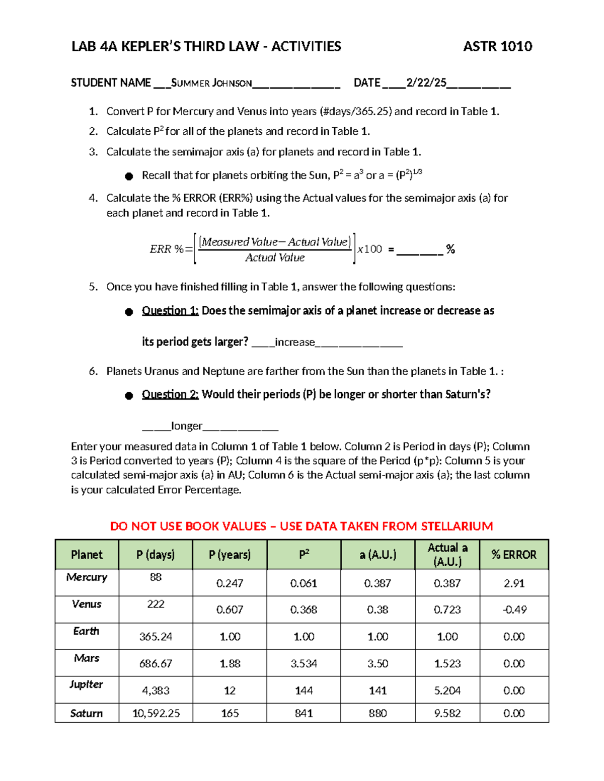 ASTR 1010 LAB 4A: Exploring Kepler’s Third Law Activities and ...