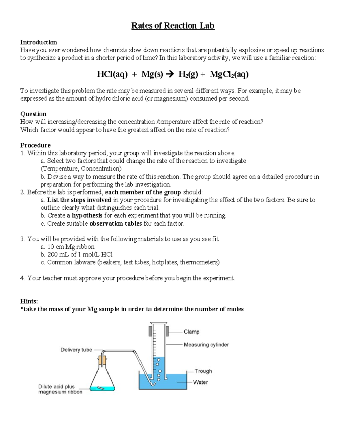 Rates of Reaction Lab (CHEM 101) Final Report - 2024 - Studocu