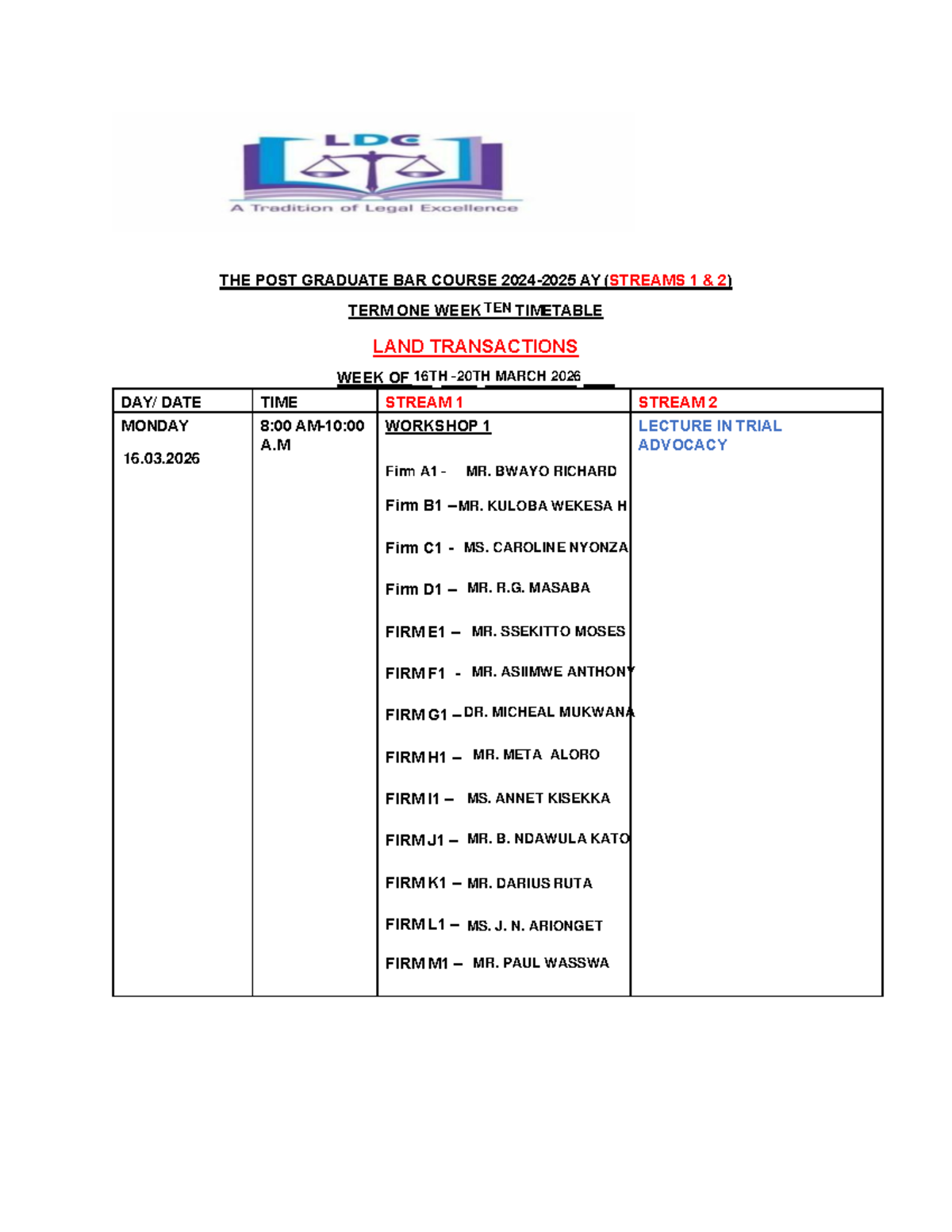 KLA-LT-TERM 1 WEEK 10 TIMETABLE FOR LAND TRANSACTIONS 2026 - Studocu