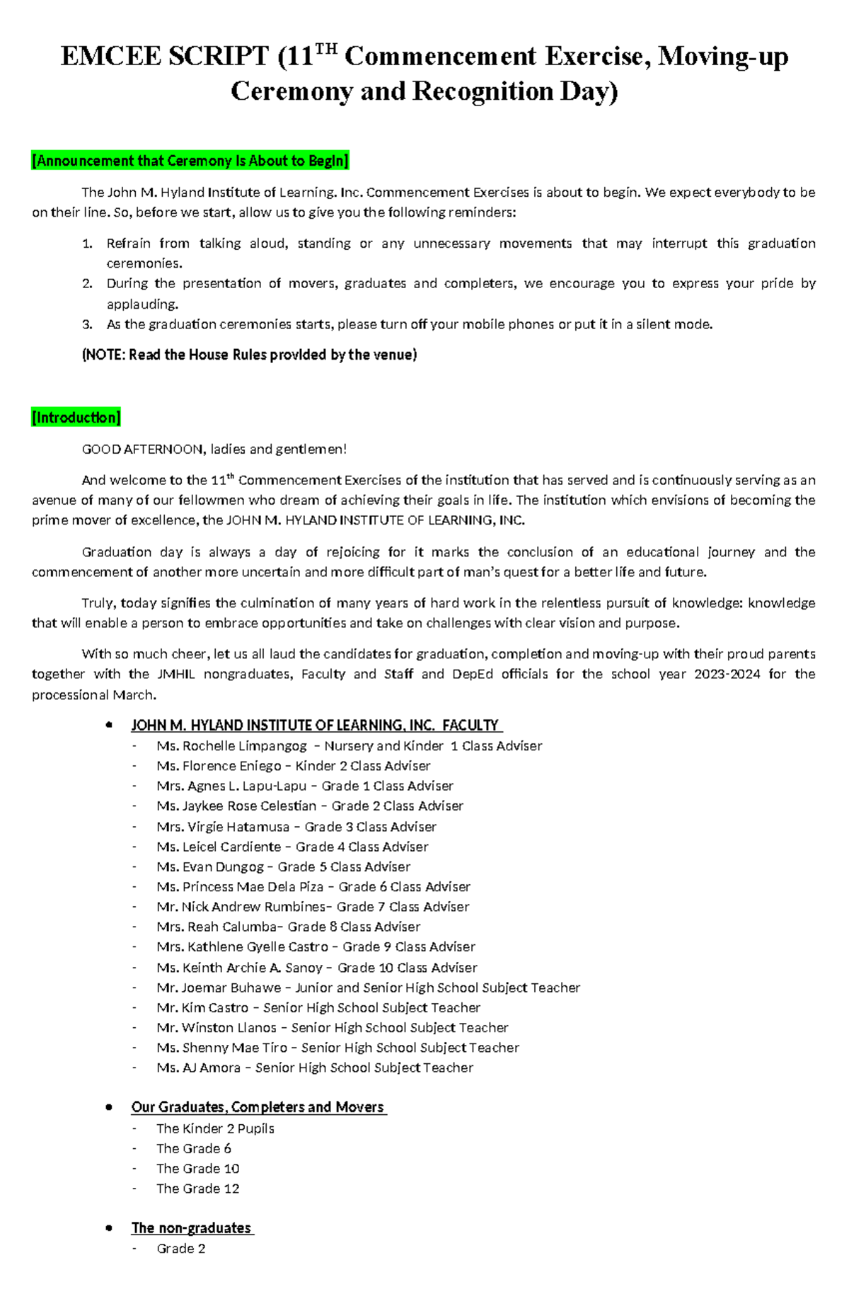 Graduation Script for the 11th Commencement Exercises (Batch 2024 ...