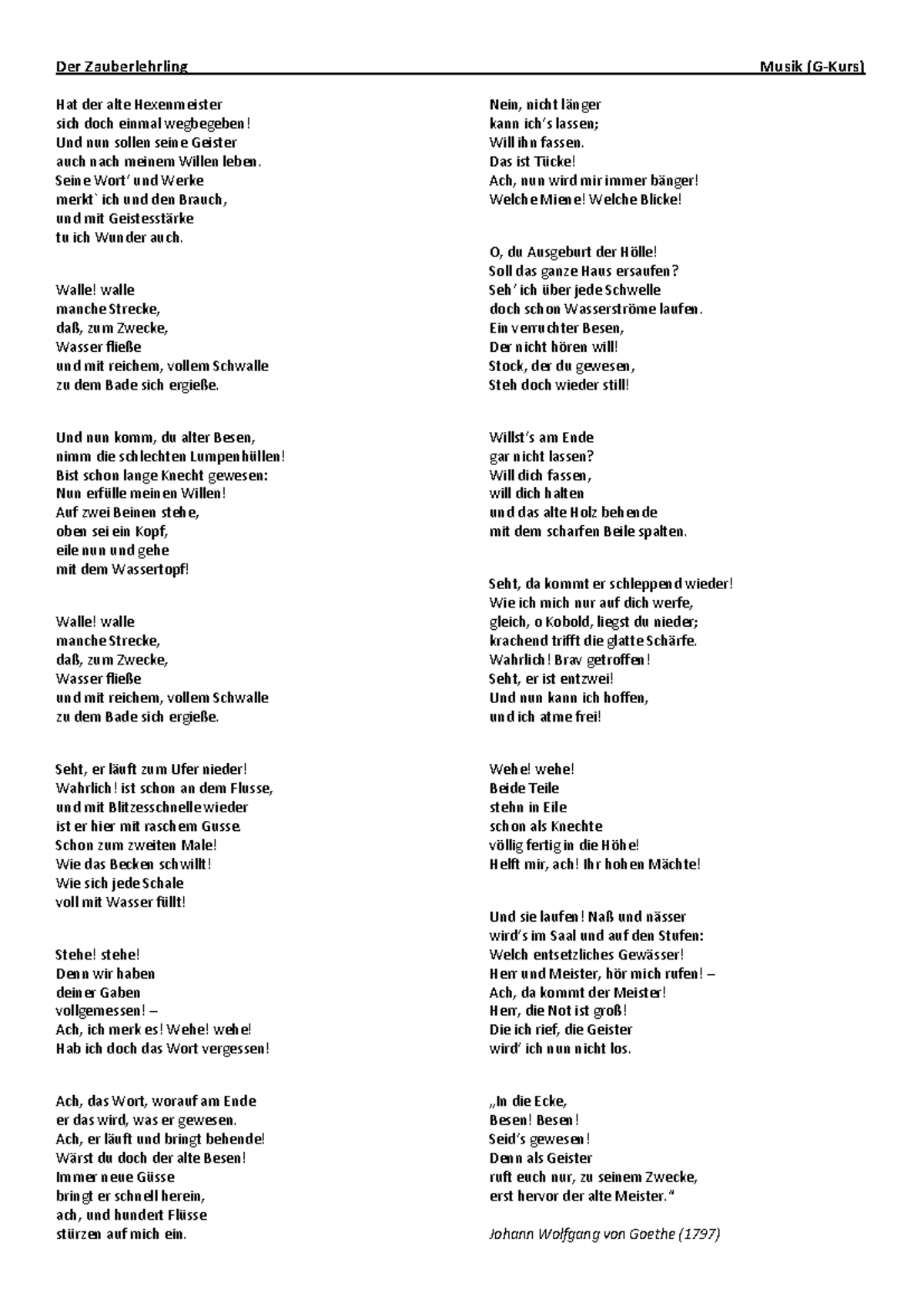 Balladentext Goethe - Zusammenfassung - Der Zauberlehrling Musik (G ...