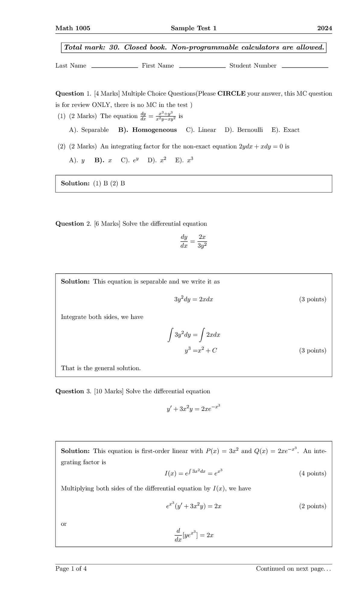 Math 1005 Sample Test 1 Solutions 2024 - Studocu