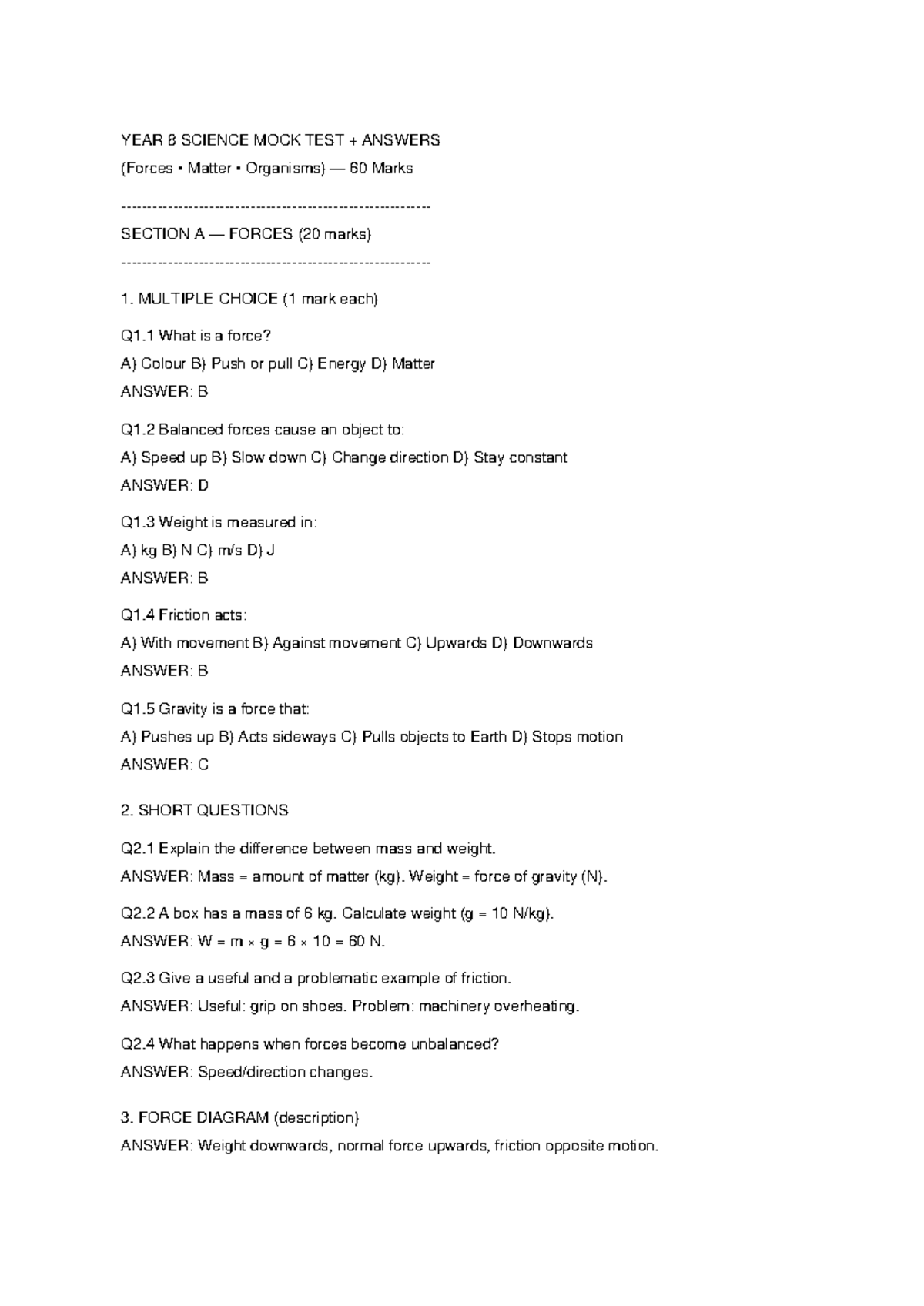 YEAR 8 SCIENCE MOCK TEST Q&A (Forces, Matter, Organisms) - Studocu