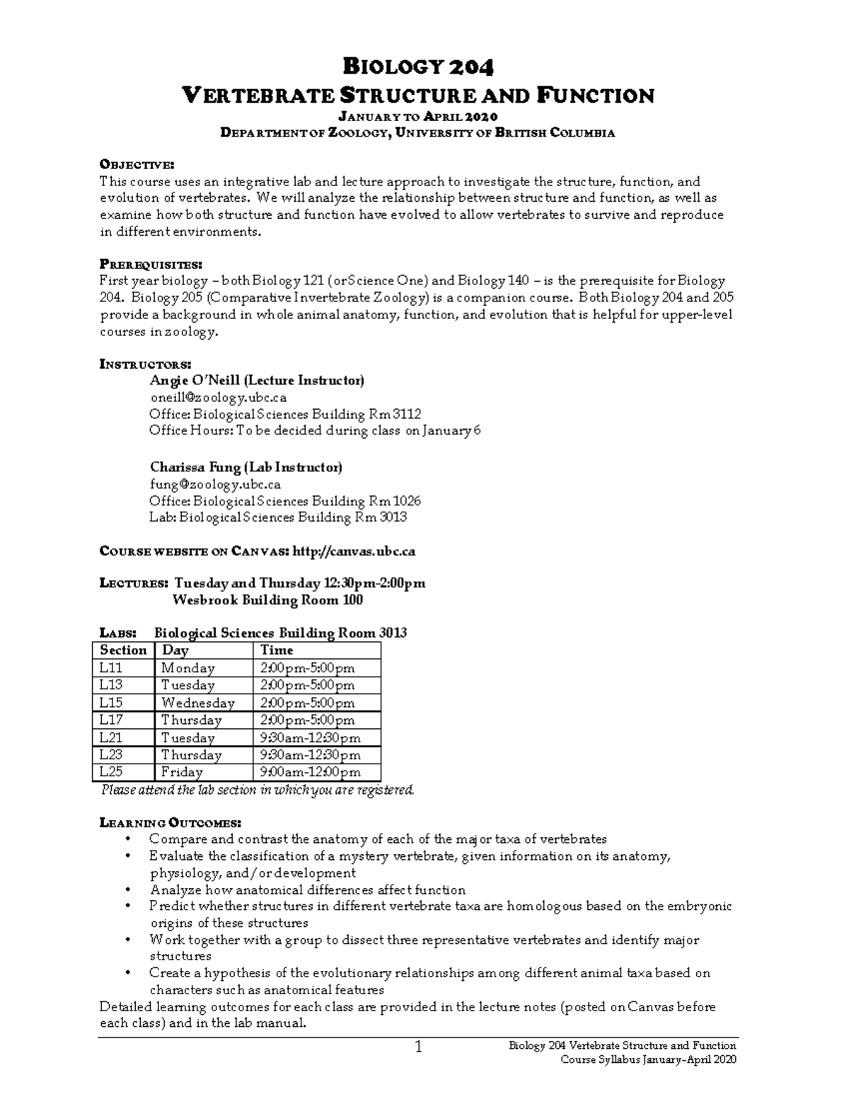 Biology 204 Syllabus: Vertebrate Structure & Function (Jan-Apr 2020 ...