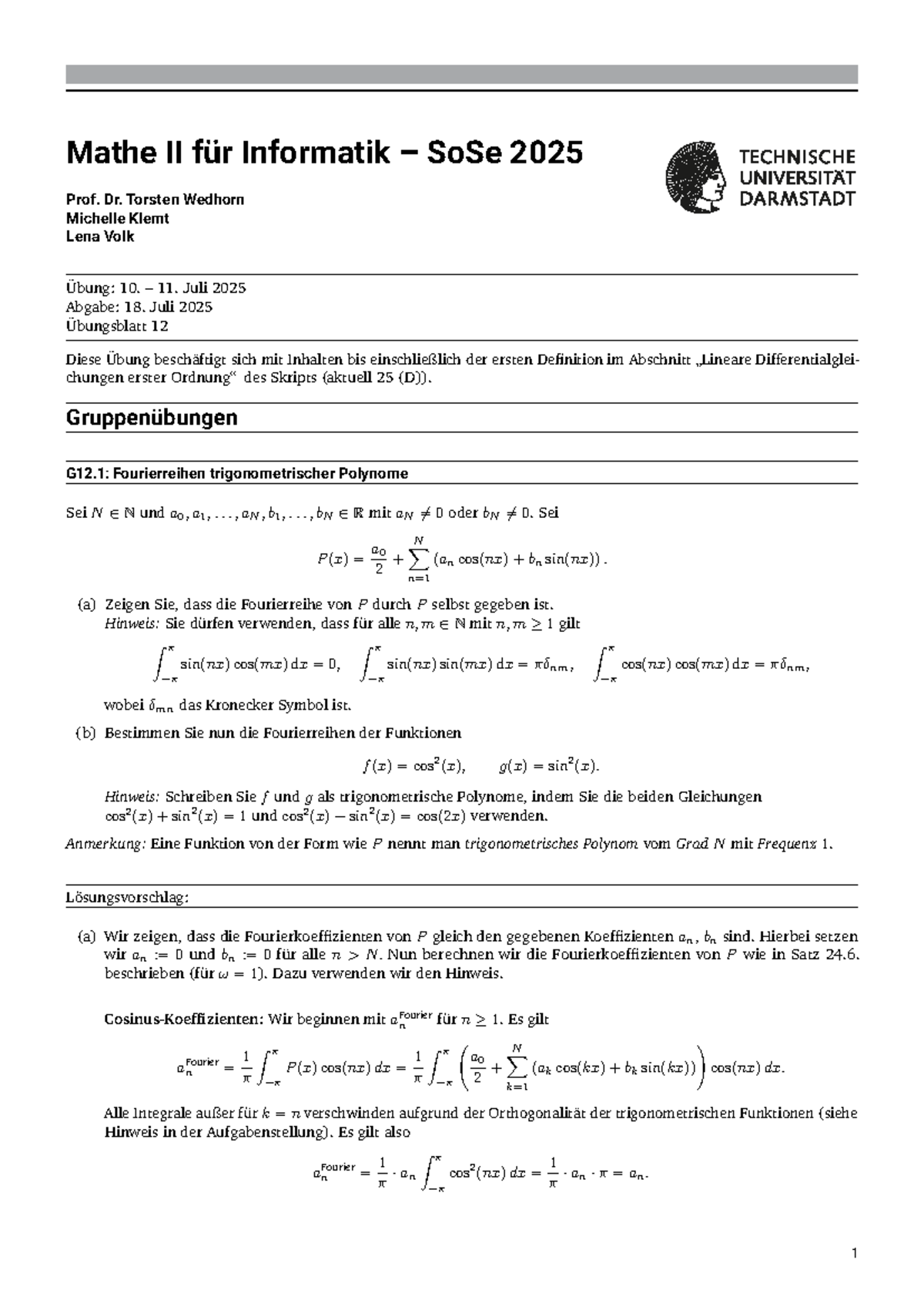 Mathe II Inf Übung 12 - Fourierreihe und Differentialgleichungen SoSe ...