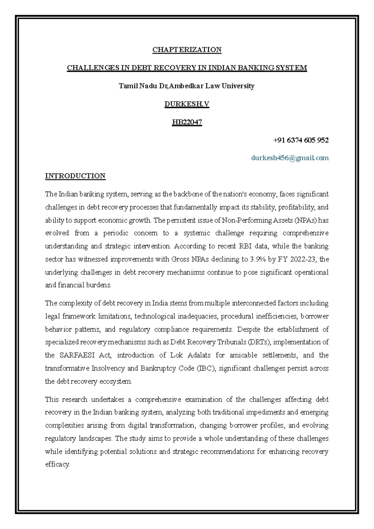 CHAPTERIZATION OF DEBT RECOVERY CHALLENGES IN INDIAN BANKING HB22047 ...