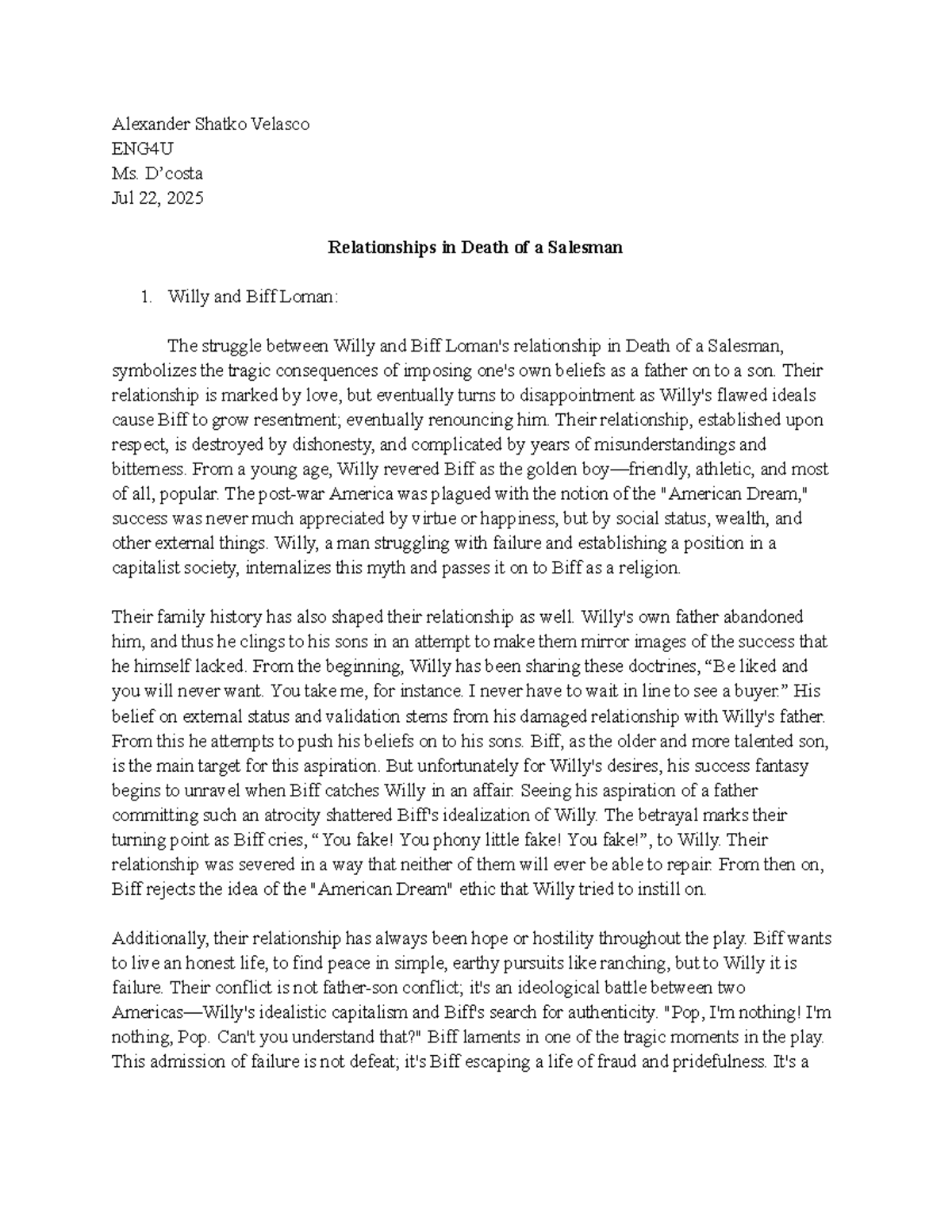 ENG4U Final Essay: Relationships in Death of a Salesman - Studocu